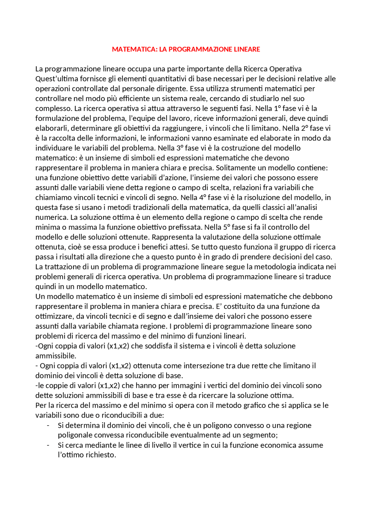 La Programmazione Lineare Tesine Di Maturità Di Matematica Docsity