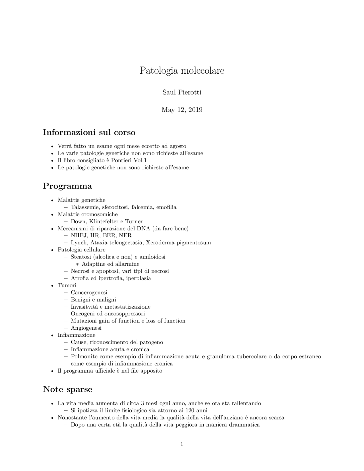 Patologia Molecolare Per Biotecnologie Docsity