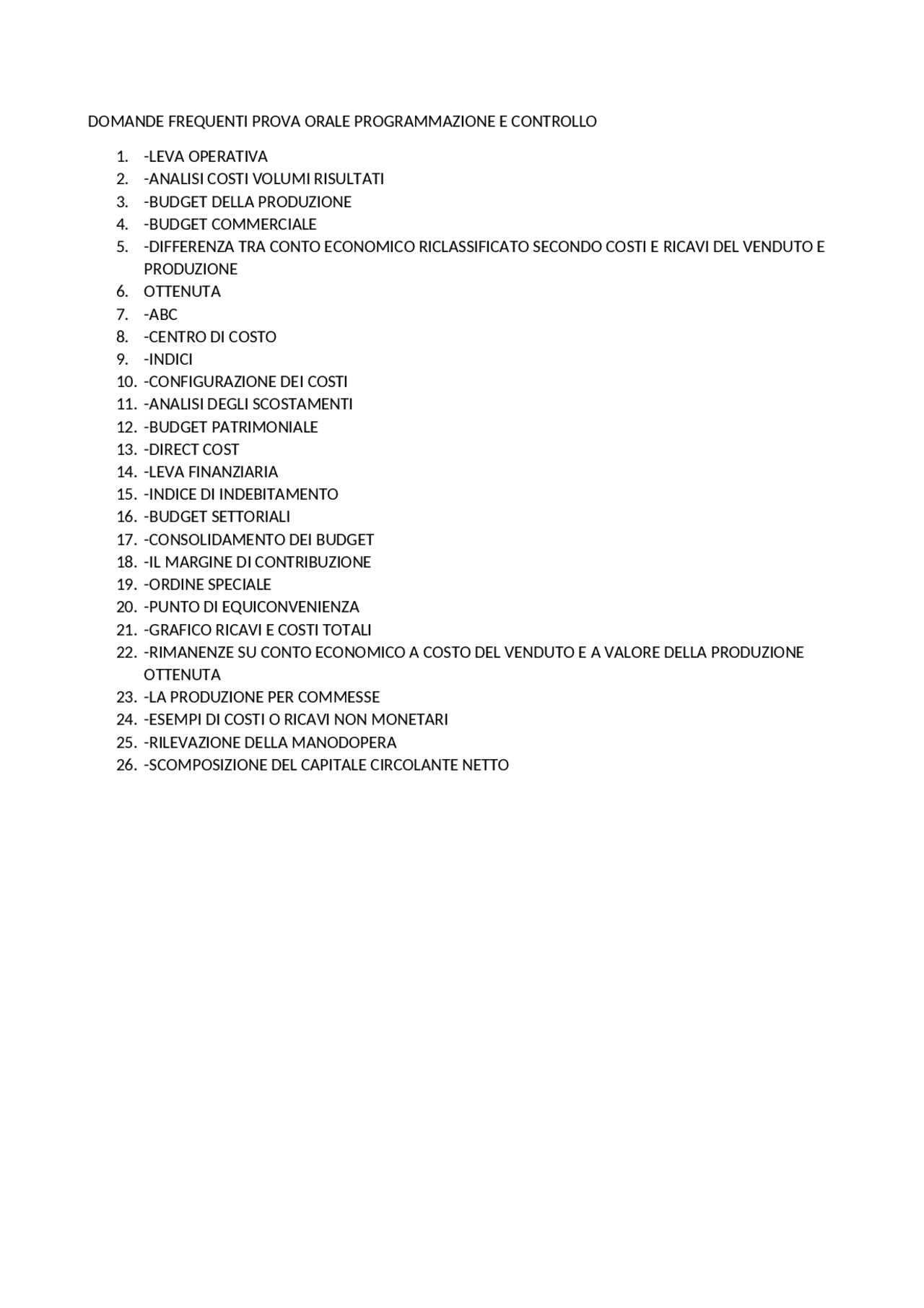 Domande di PROGRAMMAZIONE E CONTROLLO - Docsity