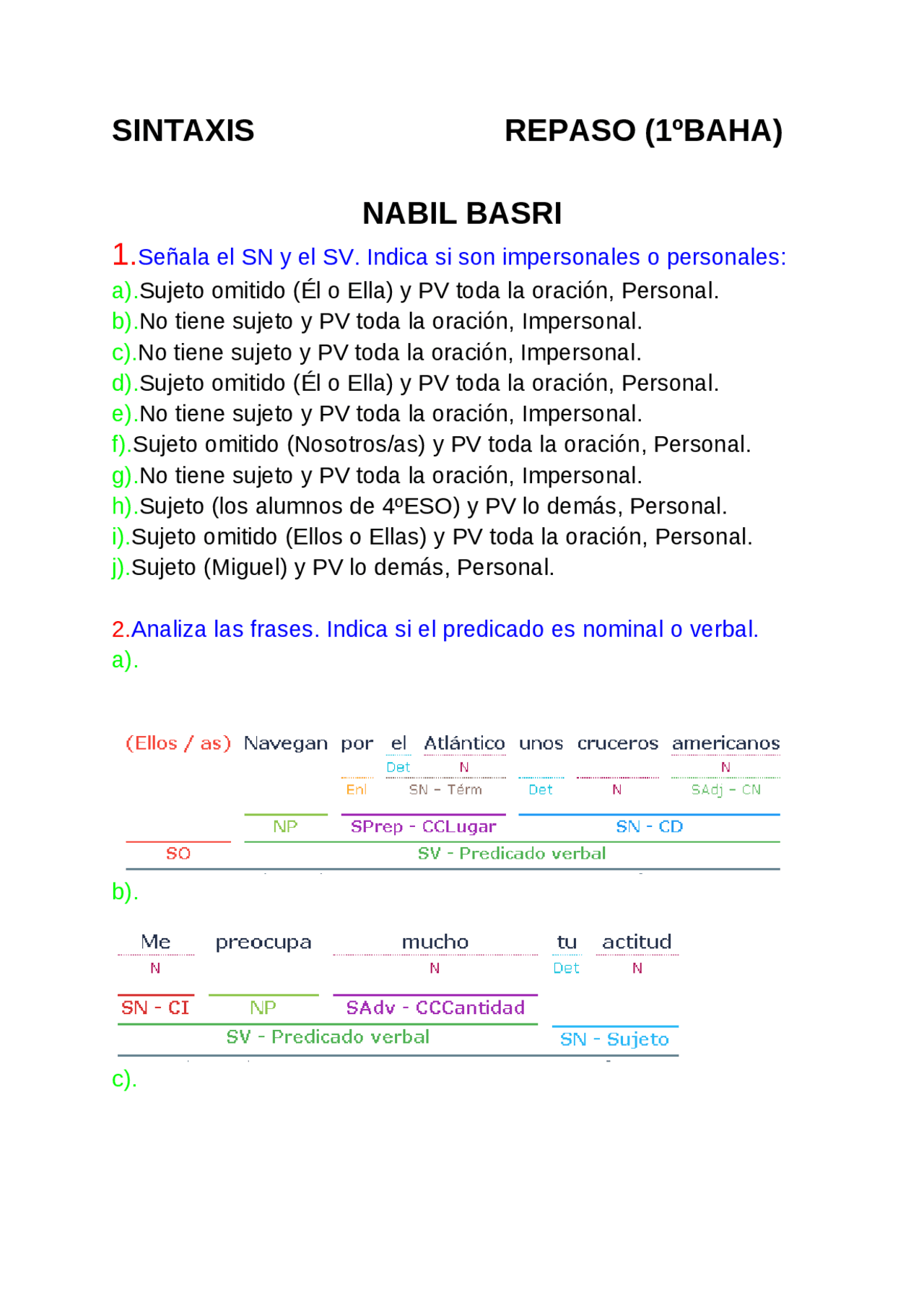 Repaso de Sintaxis SOLUCIONESA | Ejercicios de Lengua y Literatura - Docsity