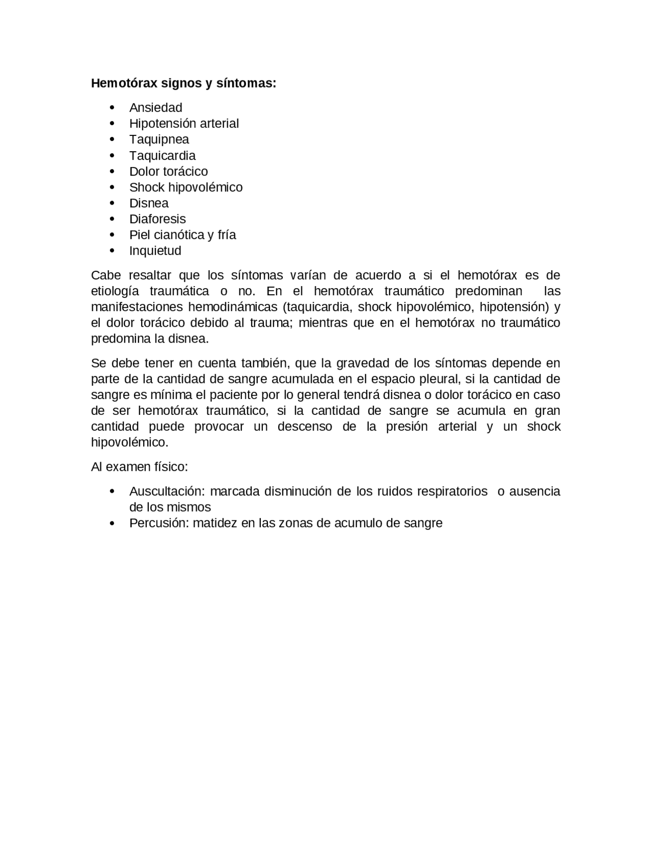 Hemotorax signos y sintomas - Docsity