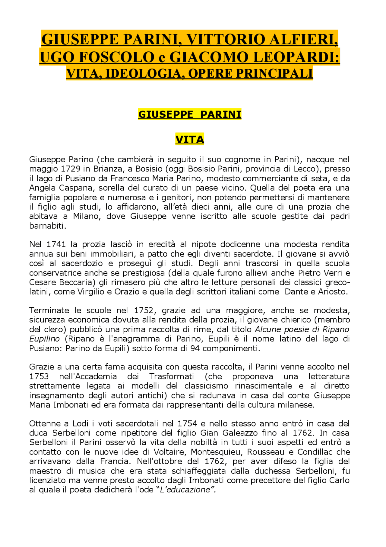 Giuseppe Parini Vittorio Alfieri Ugo Foscolo E Giacomo Leopardi Vita