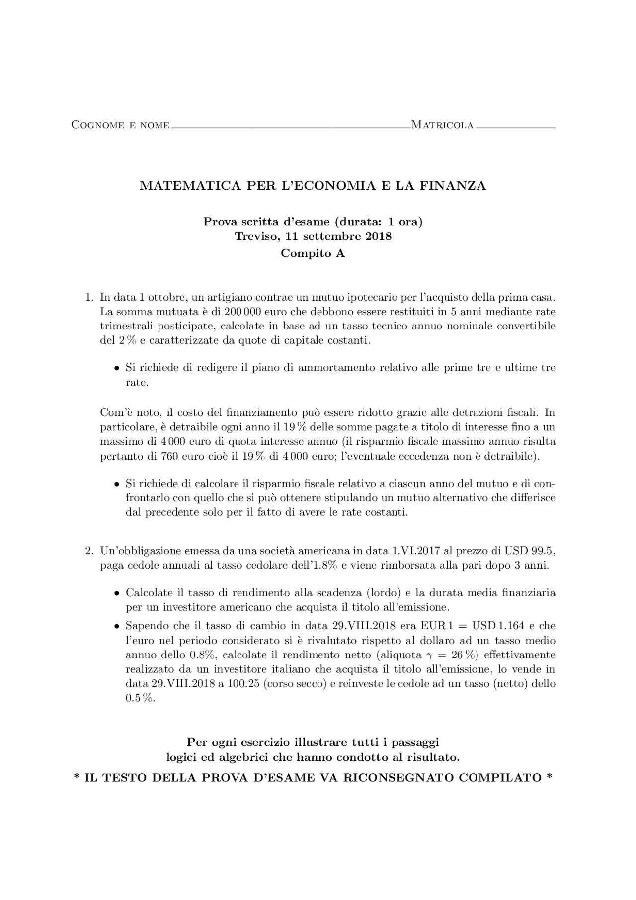 Simulazione esame matematica - Docsity