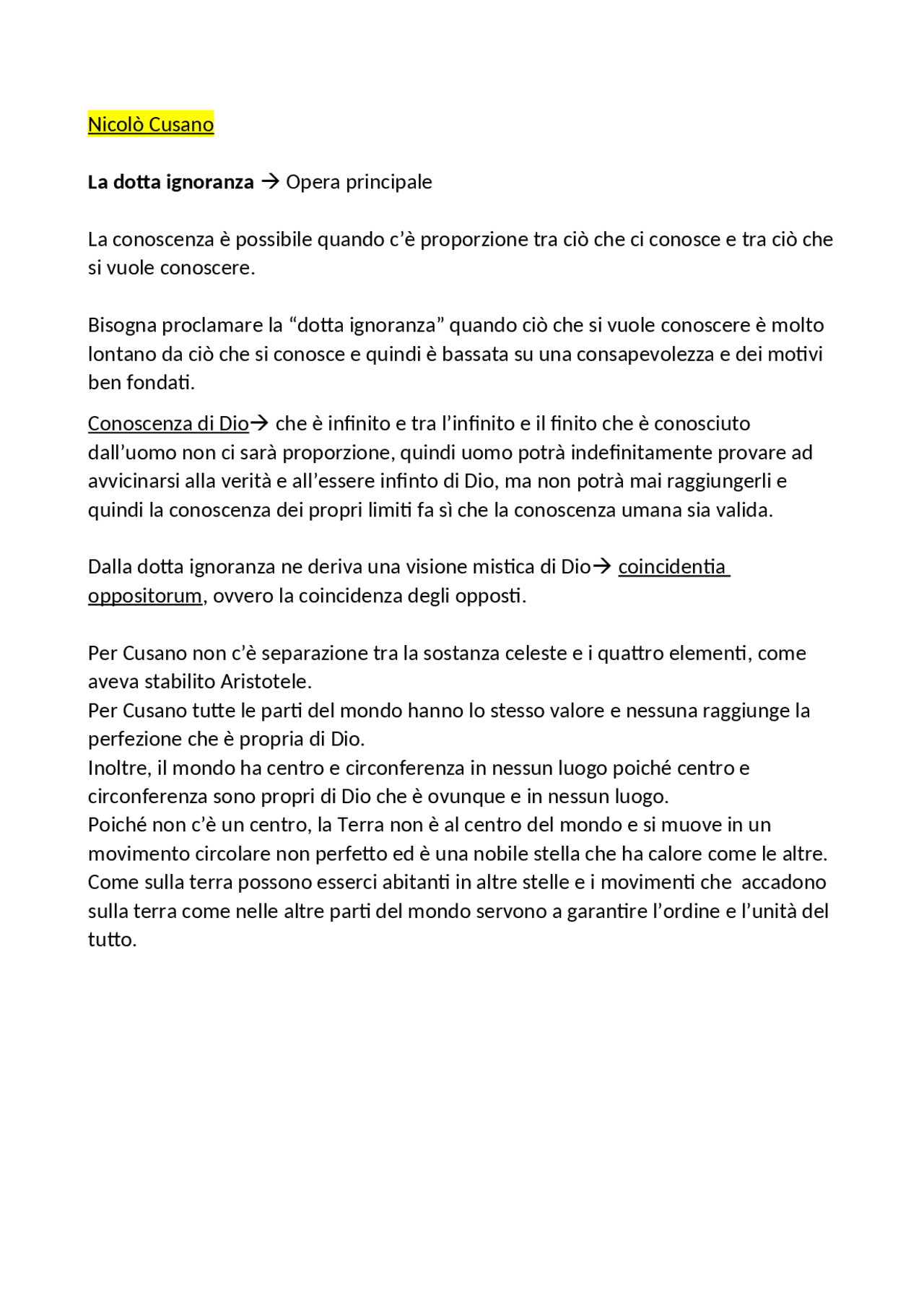 Da Cusano A Giordano Bruno Docsity