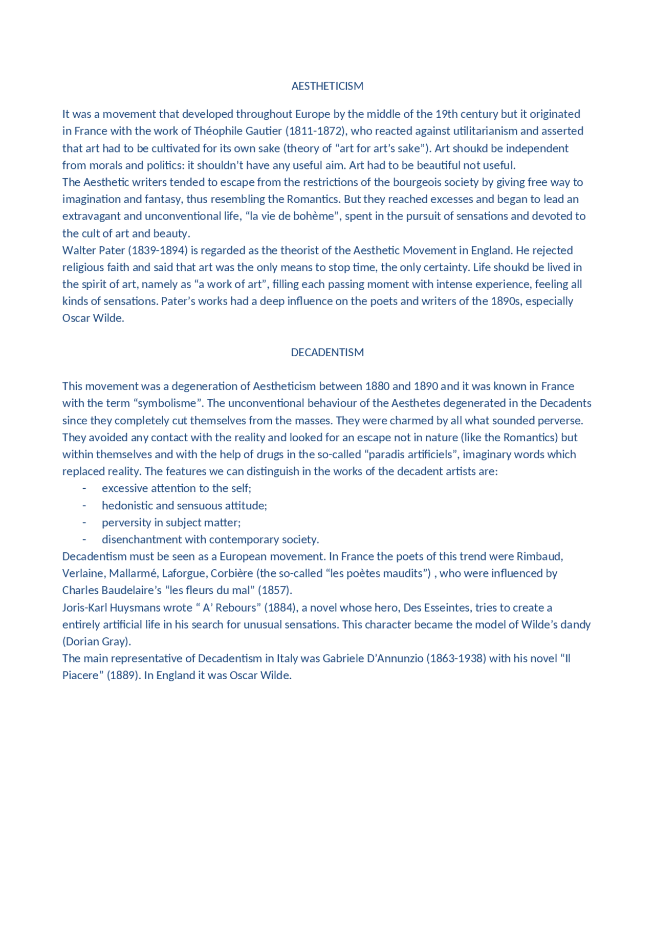 Aestheticism And Decadentism Docsity