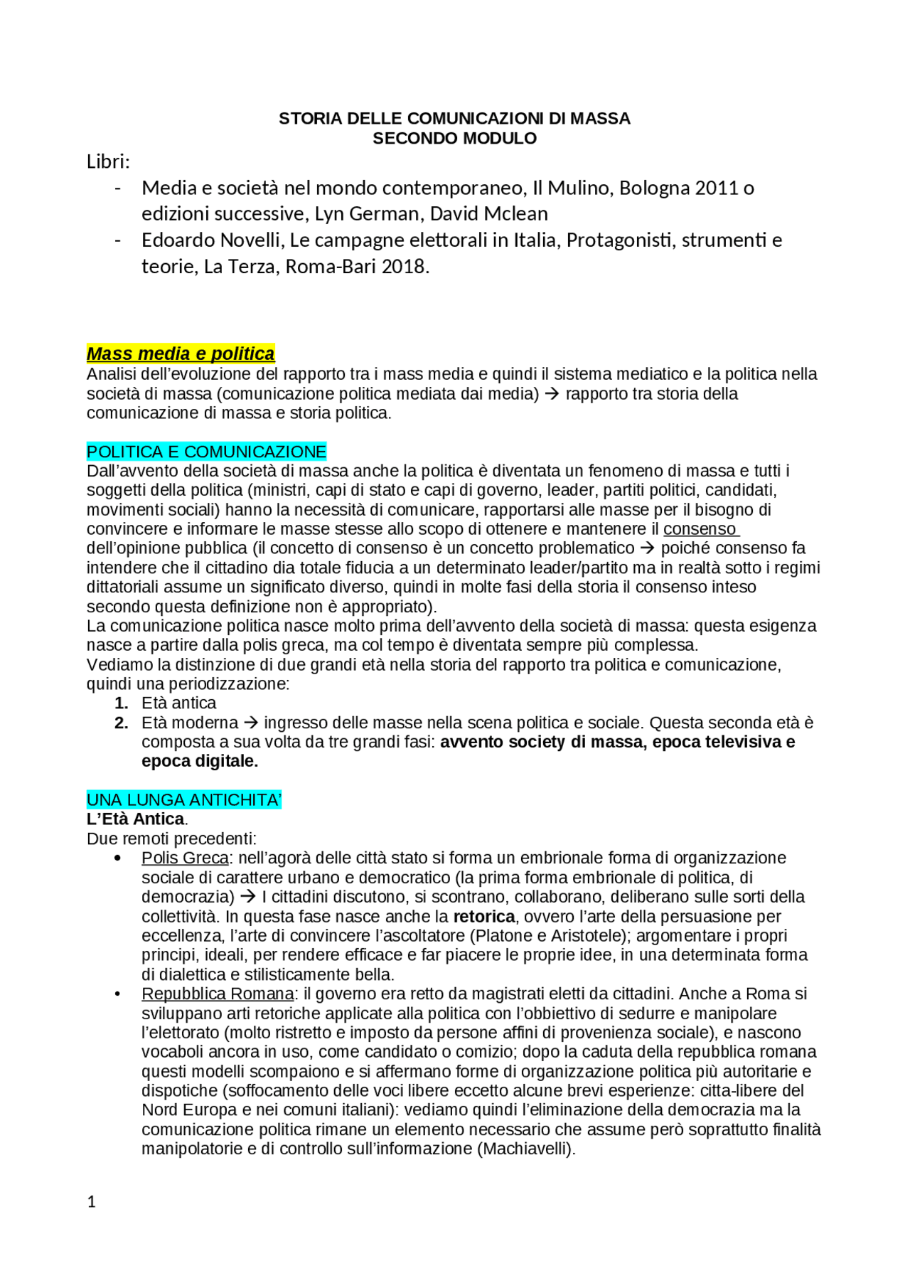 Appunti E Riassunto 2°modulo Storia Delle Comunicazioni Di Massa