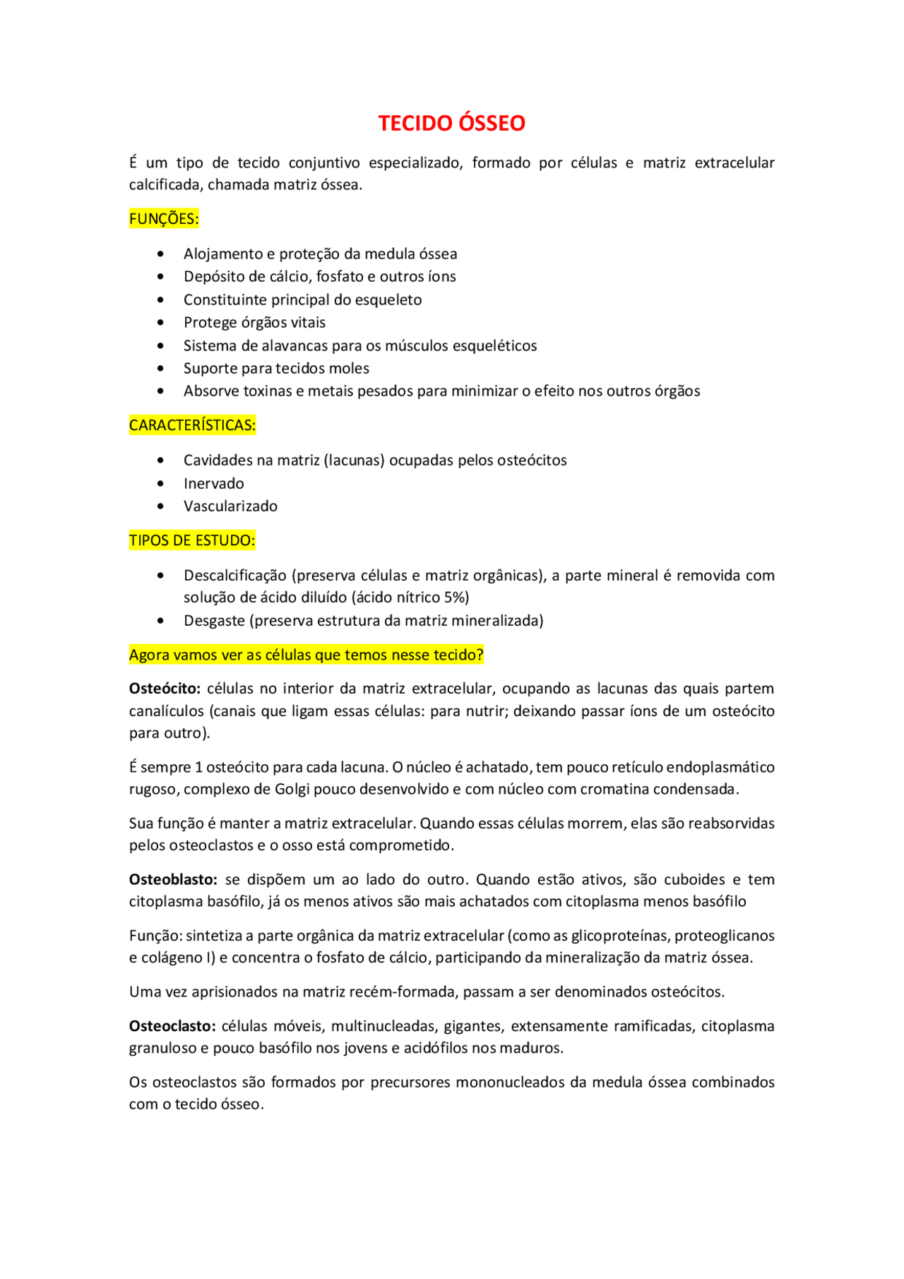 Histologia Do Tecido ósseo Resumos Histologia Docsity