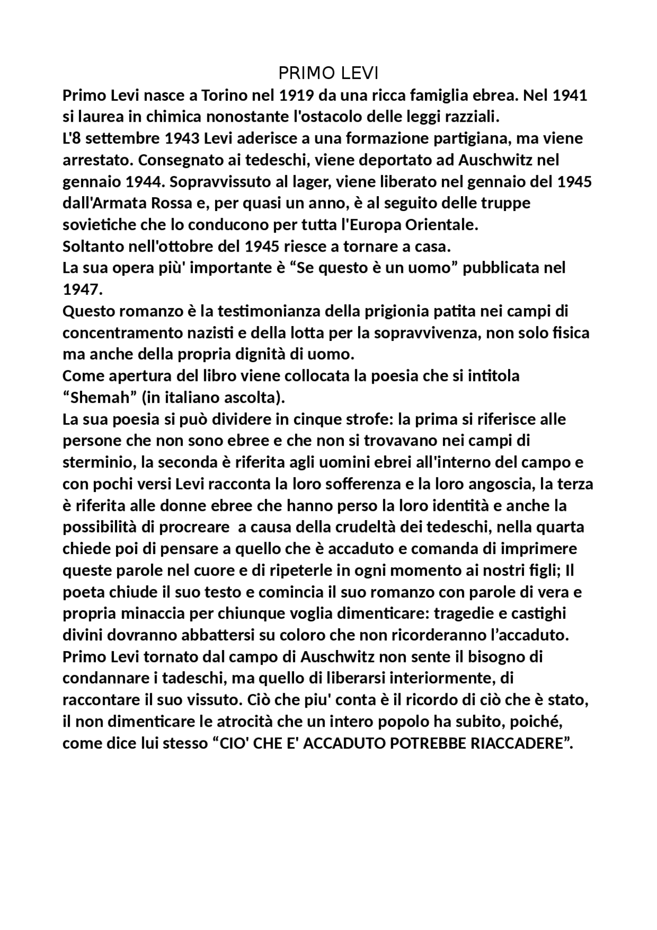 Italiano, riassunto della vita di Primo Levi - Docsity