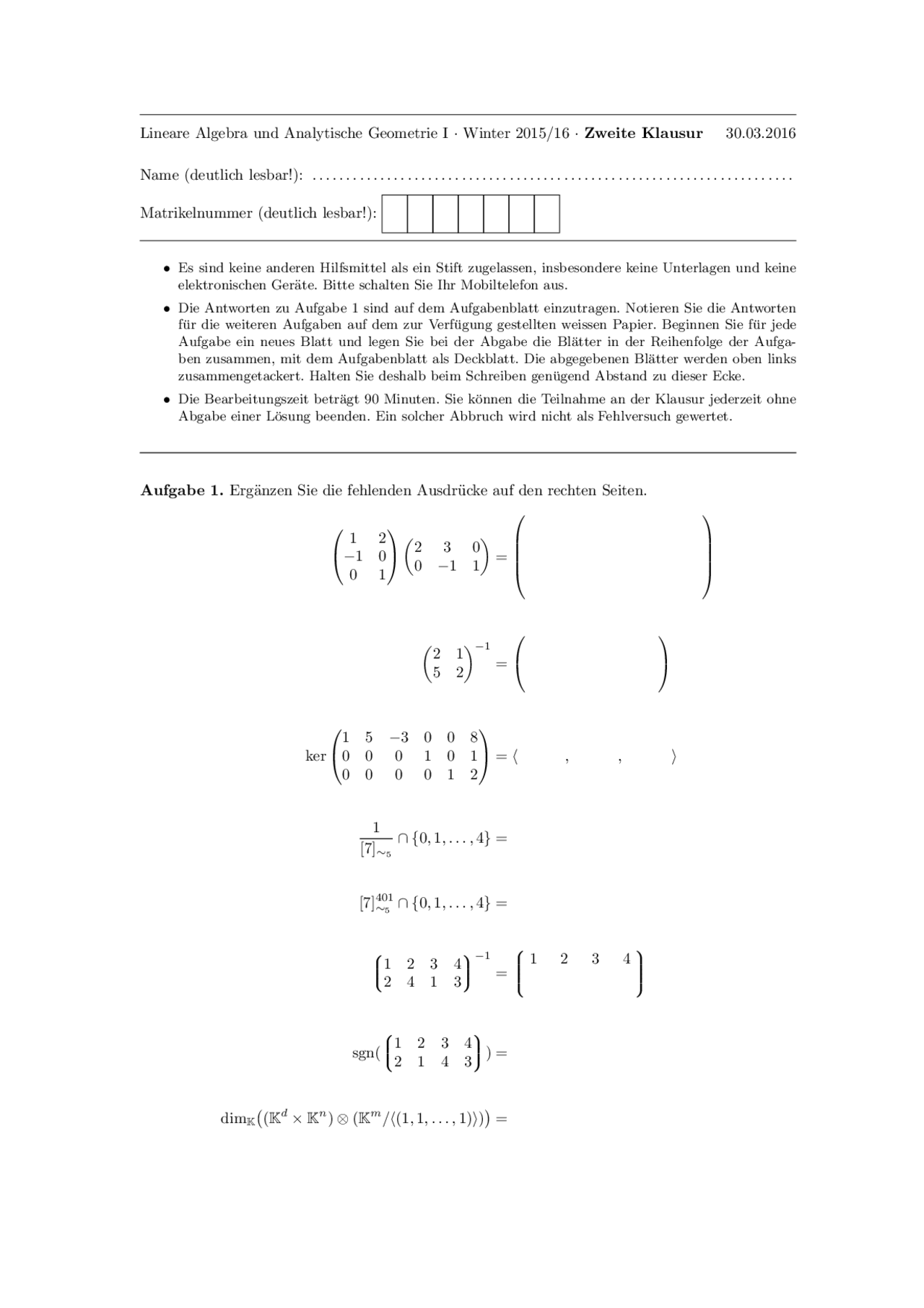 Lineare Algebra und Analytische Geometrie I Zweite Klausur mit Lösung ...