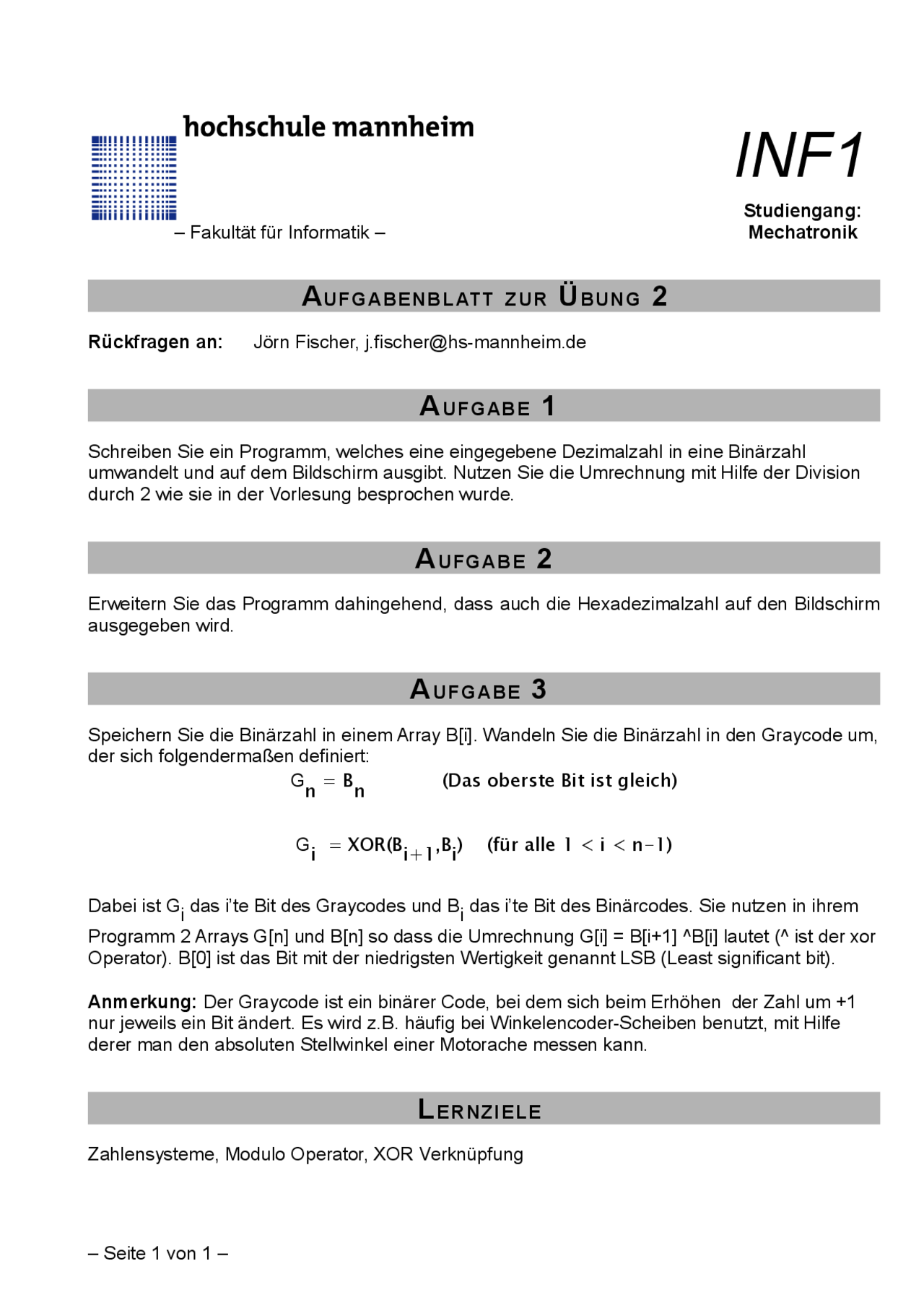 Aufgabenblatt Informatik | Hochschule Mannheim - Docsity