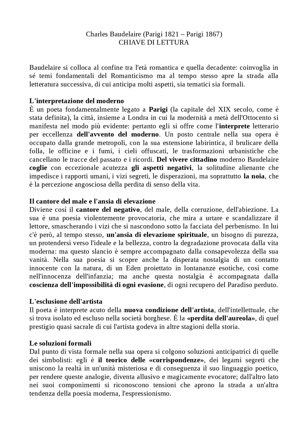 Baudelaire Chiave Di Lettura Docsity