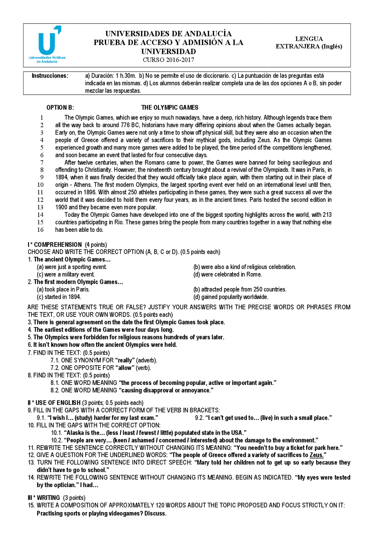 Examen Selectividad Ingles Docsity