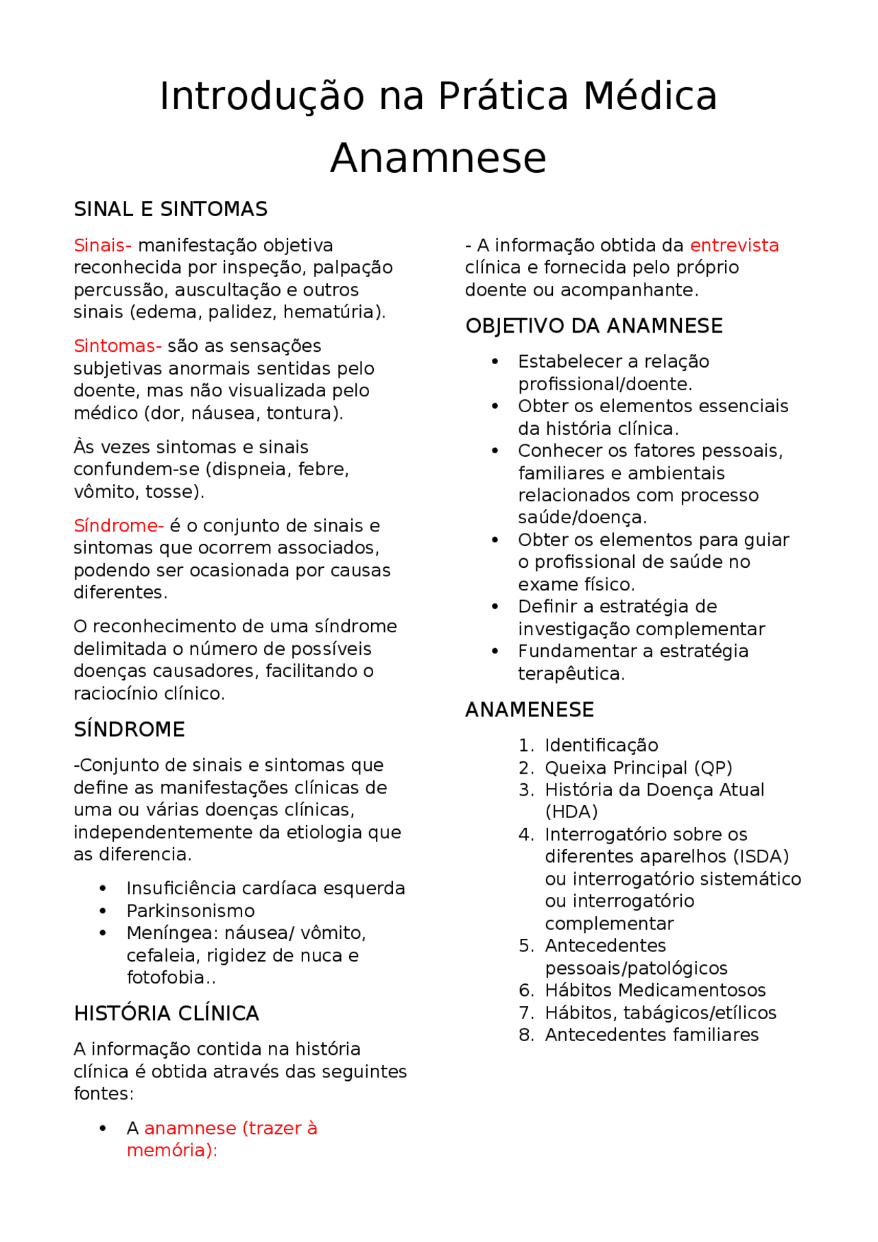 Anamnse para atender um paciente - Docsity
