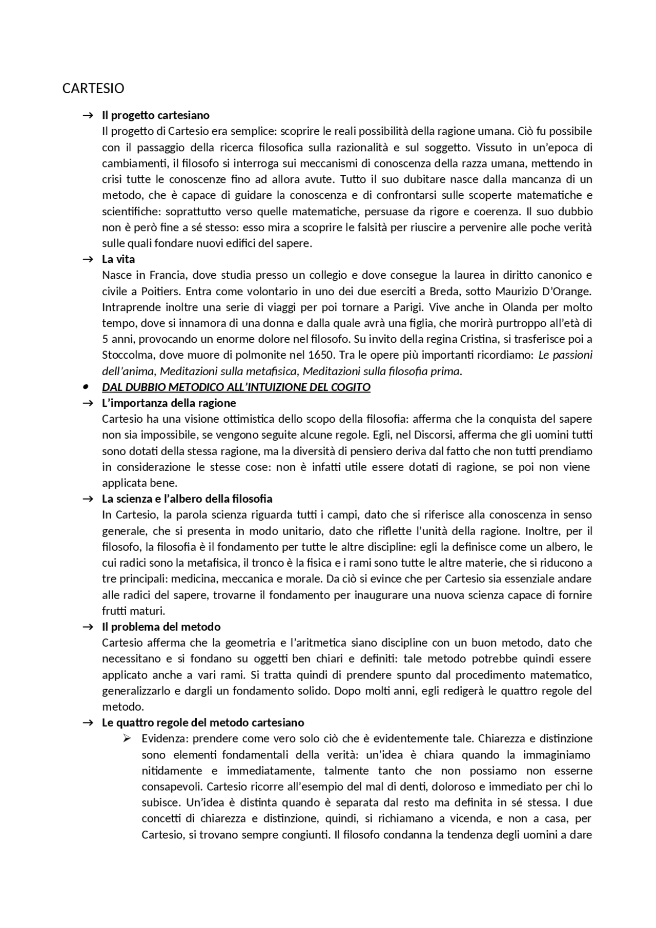 Vita E Pensiero Di Cartesio Docsity