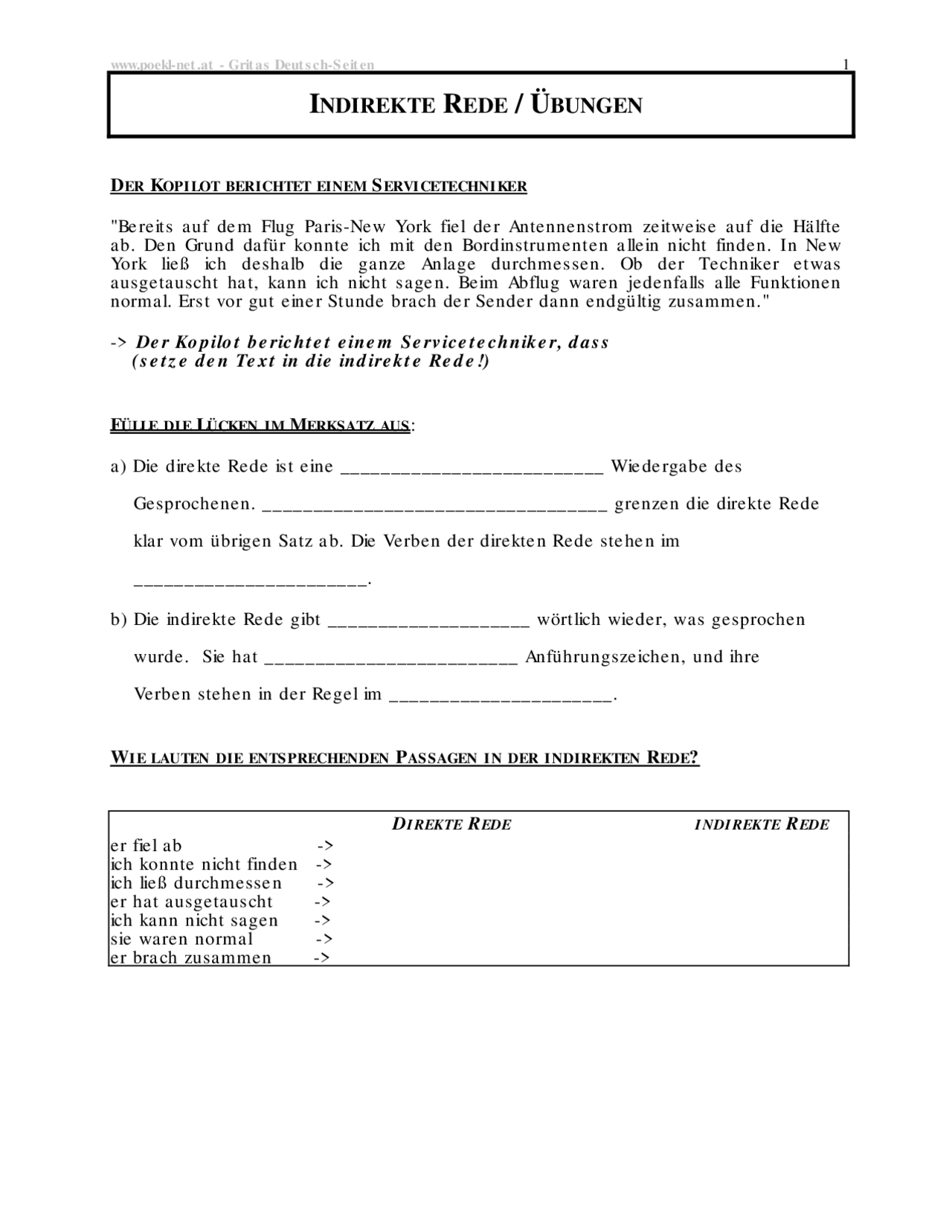 Indirekte Rede mit Lösungen | Übungen Deutsch | Docsity