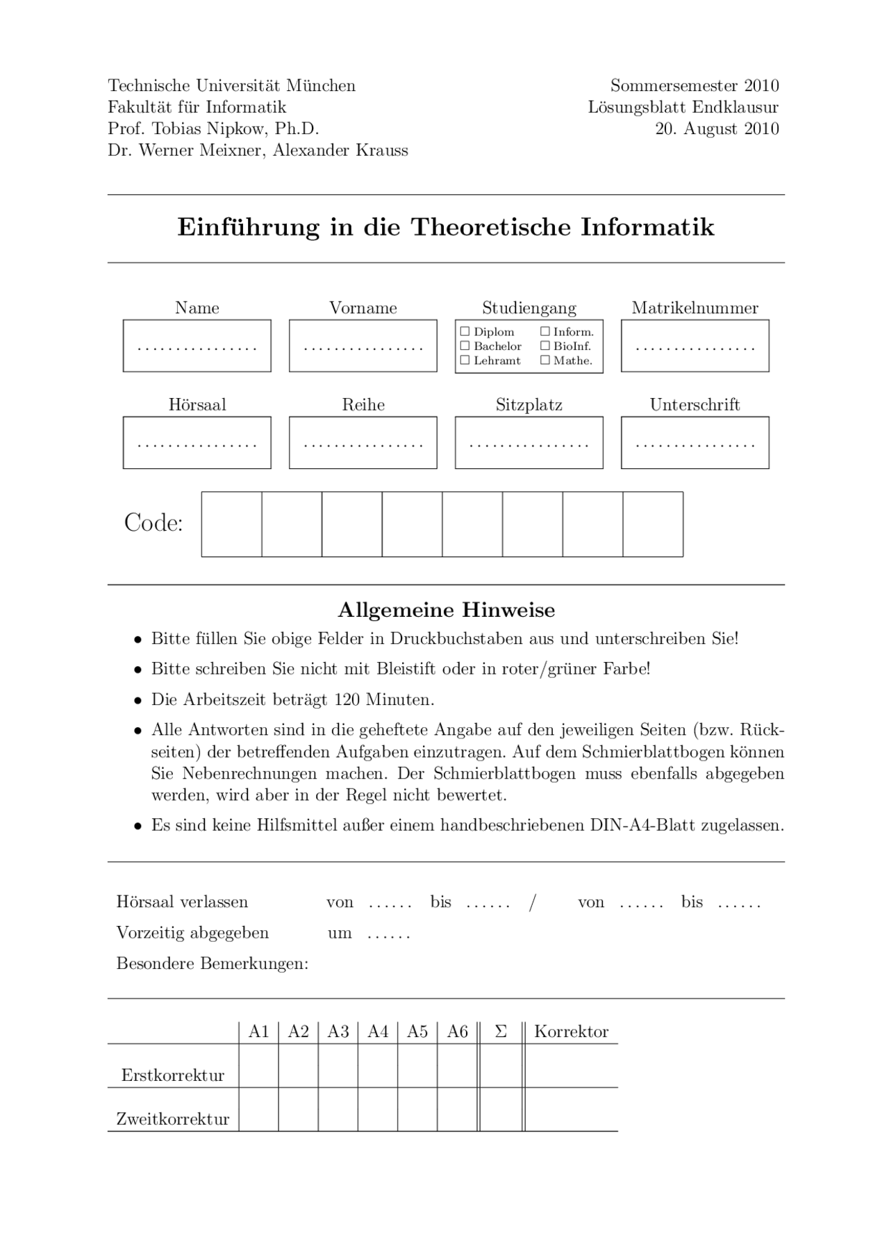 L ̈osungsblatt Endklausur Zur Einfuhrung In Die Theoretische Informatik