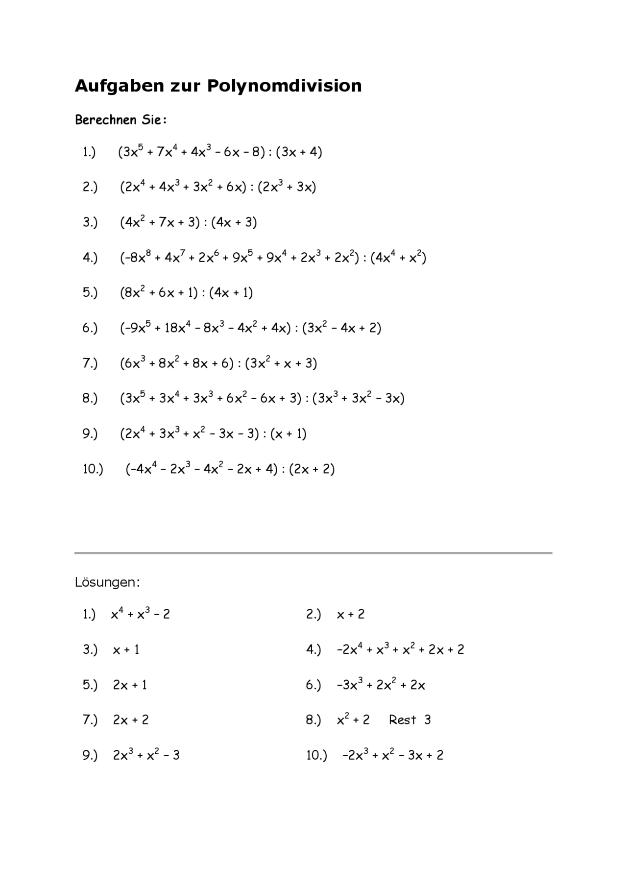 Aufgaben zur Polynomdivision und Nullstellenberechnung mit Lösungen ...