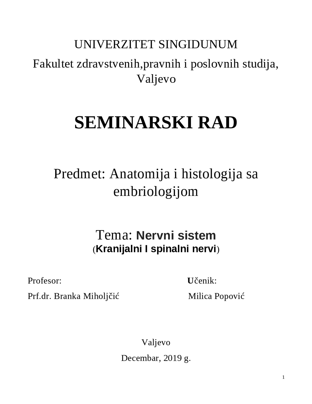 Nervni Sistem Coveka Završni Radovi Predlog Anatomija čoveka Docsity