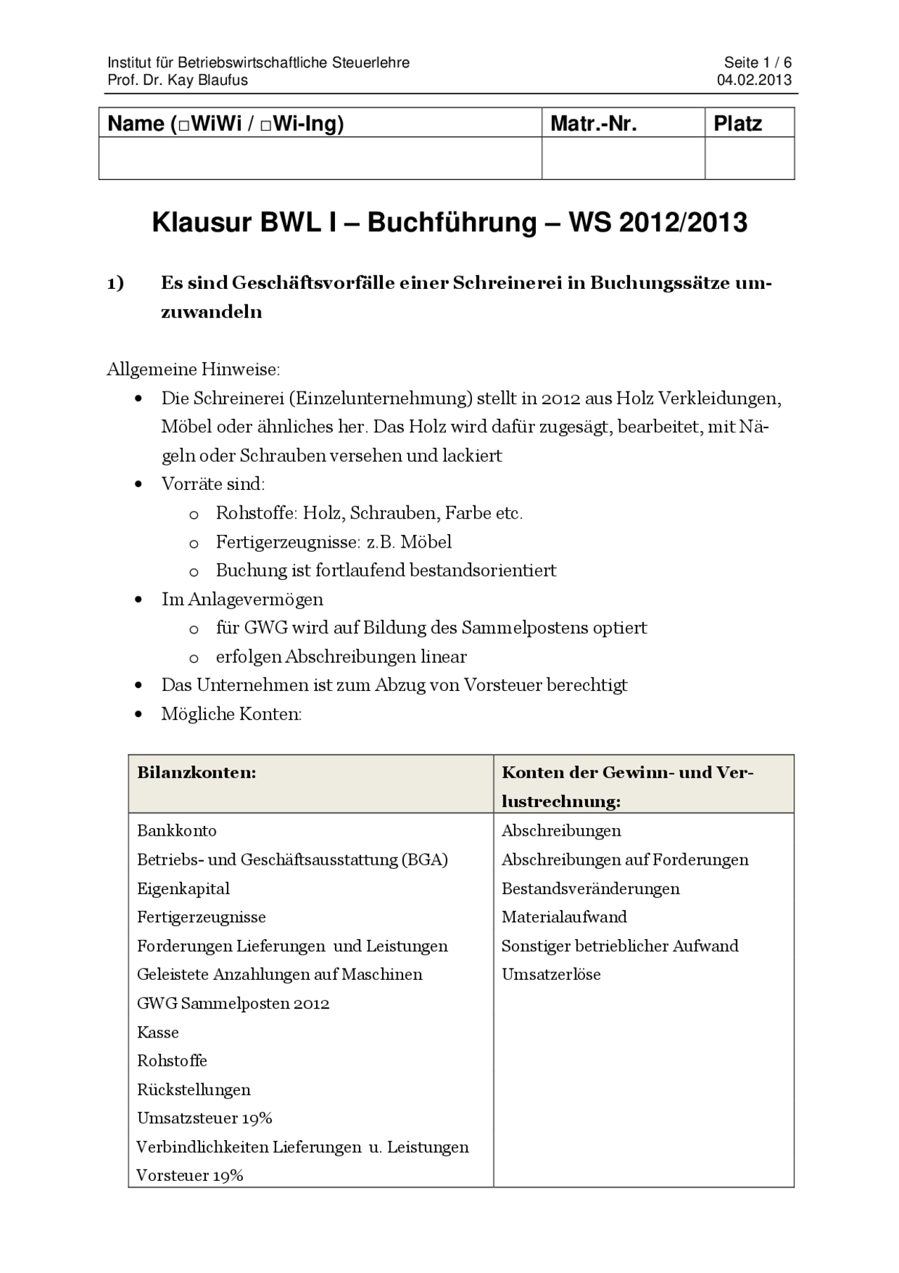 Klausur BWL I – Buchführung – WS 2012/2013 | Exams ...