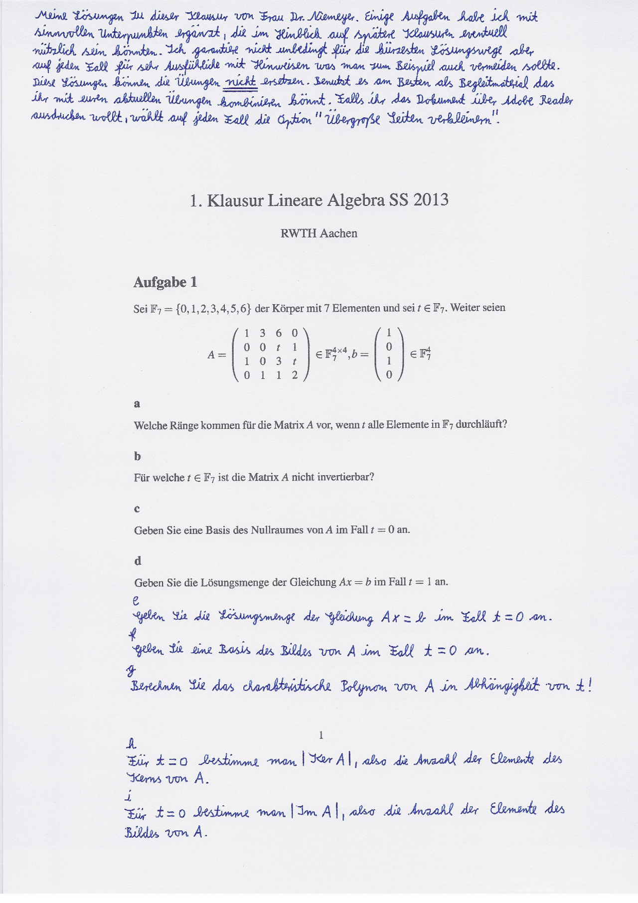 Lineare Algebra I: Klausur mit Lösungen | RWTH Aachen | Prüfungen ...