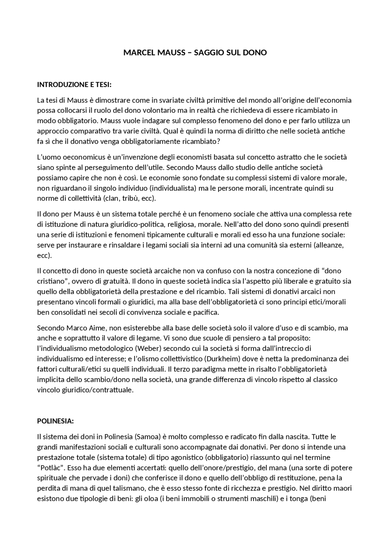 Marcel Mauss Saggio Sul Dono Riassunto Docsity
