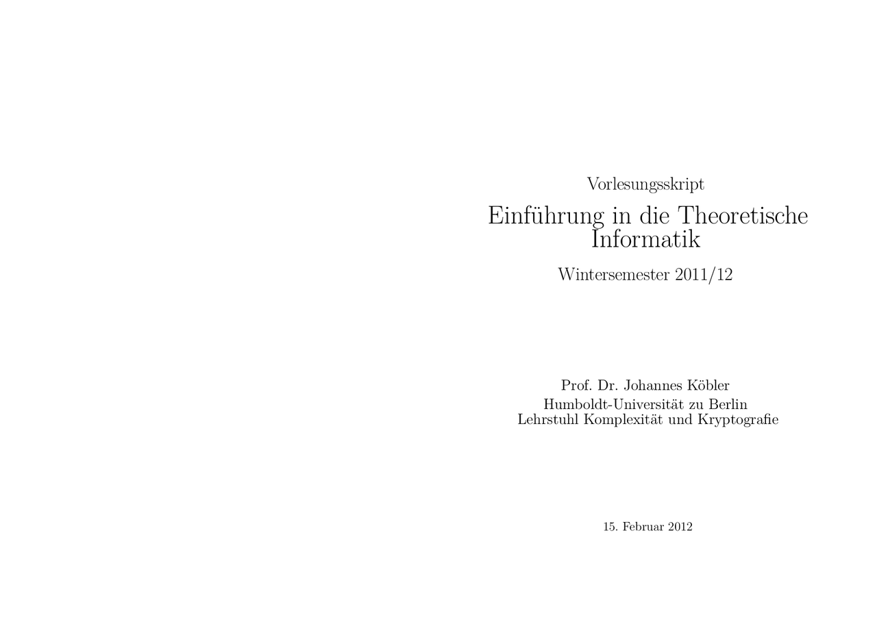 Einführung In Die Theoretische Informatik Hu Berlin Docsity