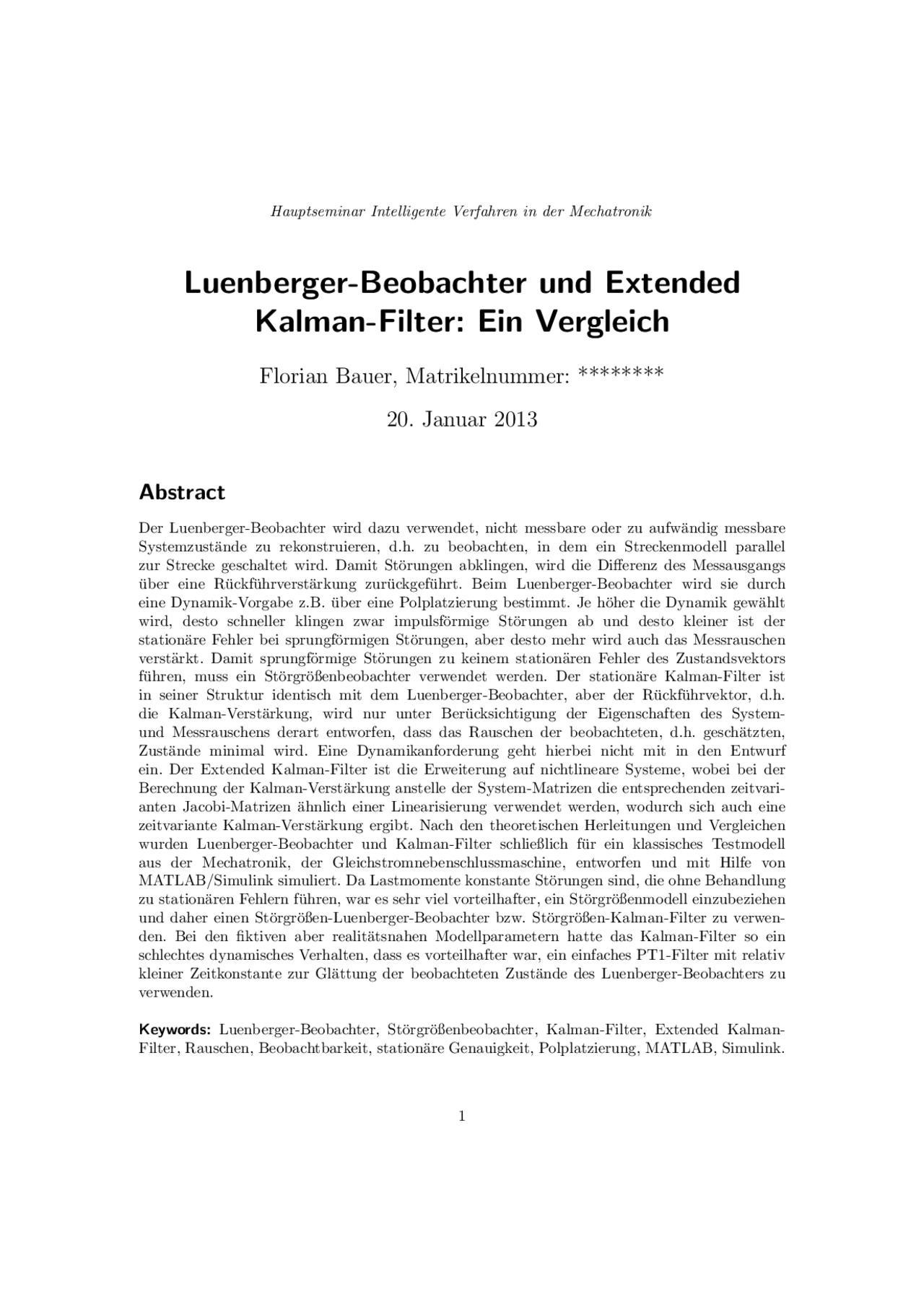 Luenberger-Beobachter und Extended Kalman-Filter: Ein Vergleich - Docsity