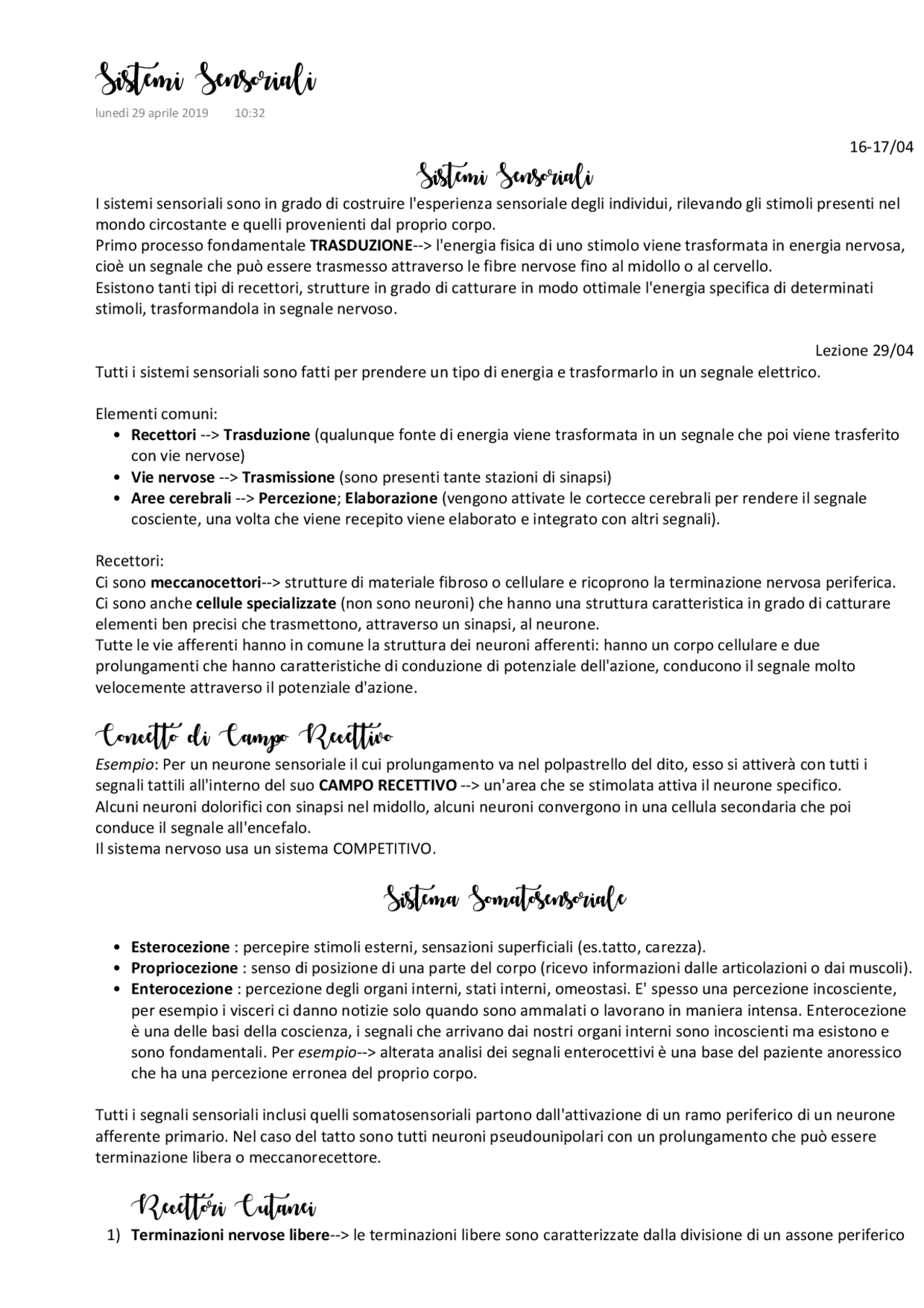 Appunti Sistemi Sensoriali Fafap Profmaravita Docsity