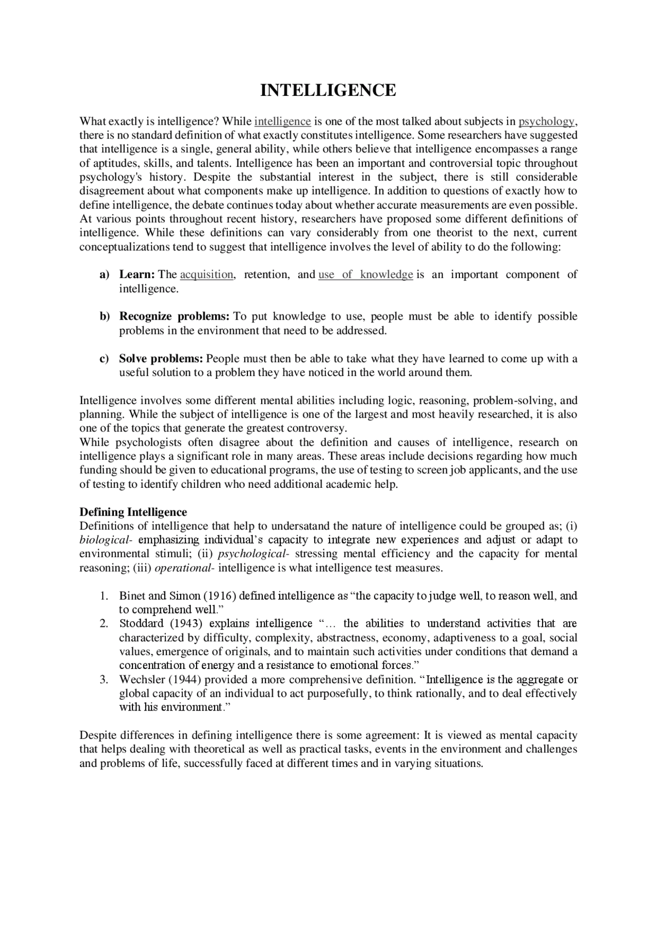 Definition of intelligence - Docsity