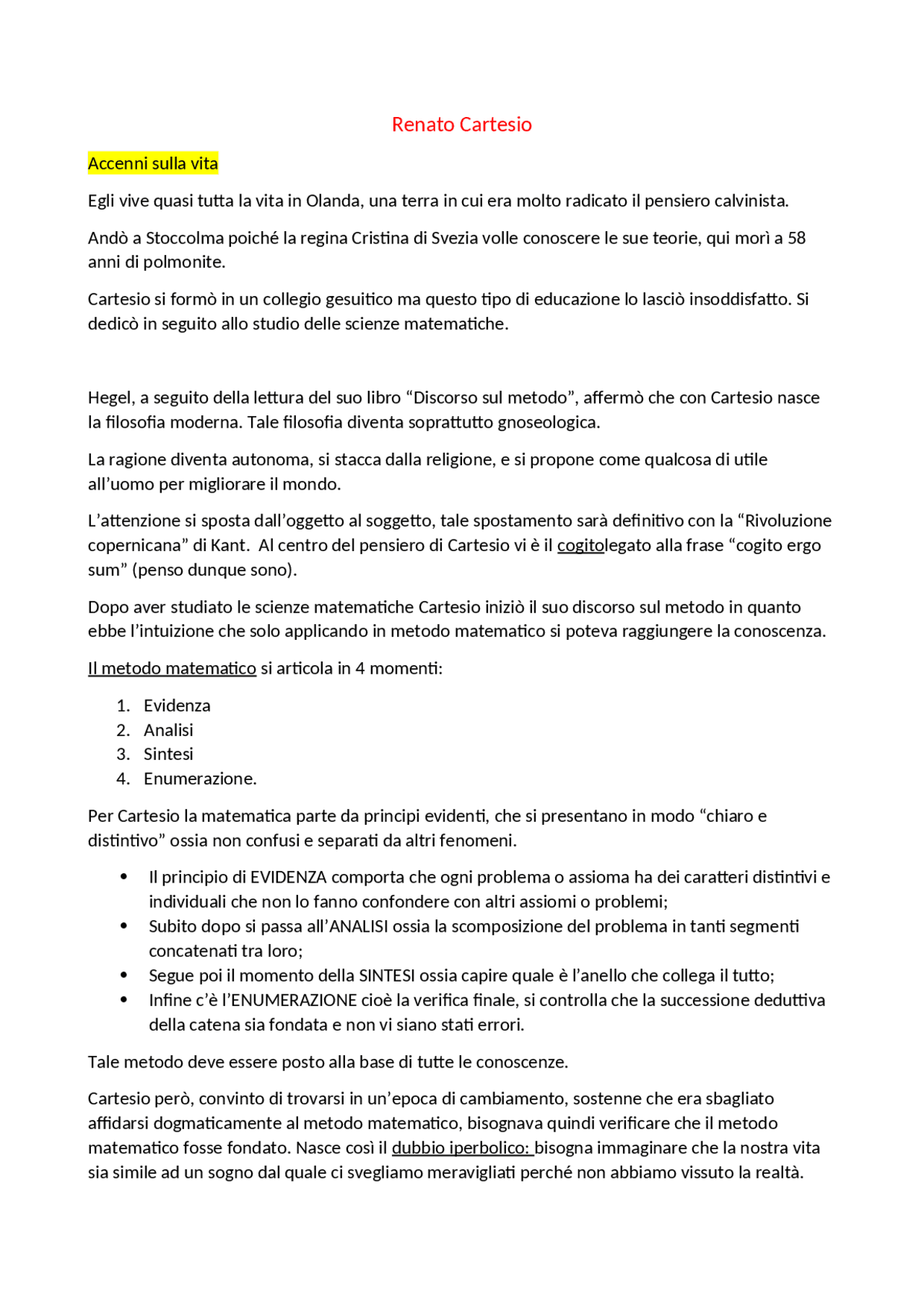 Appunti Su Renato Cartesio Docsity