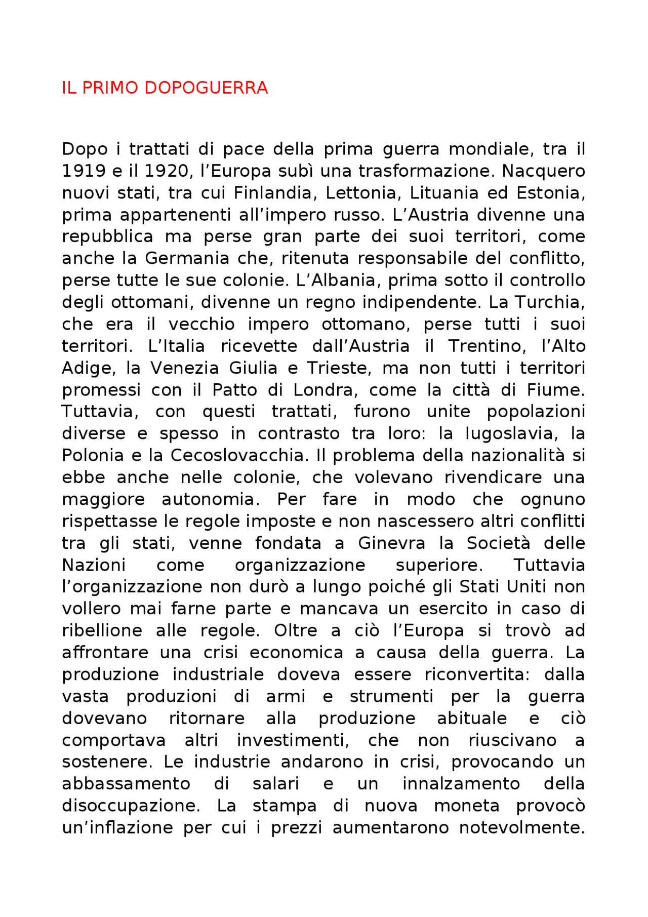 Il Primo Dopoguerra Docsity