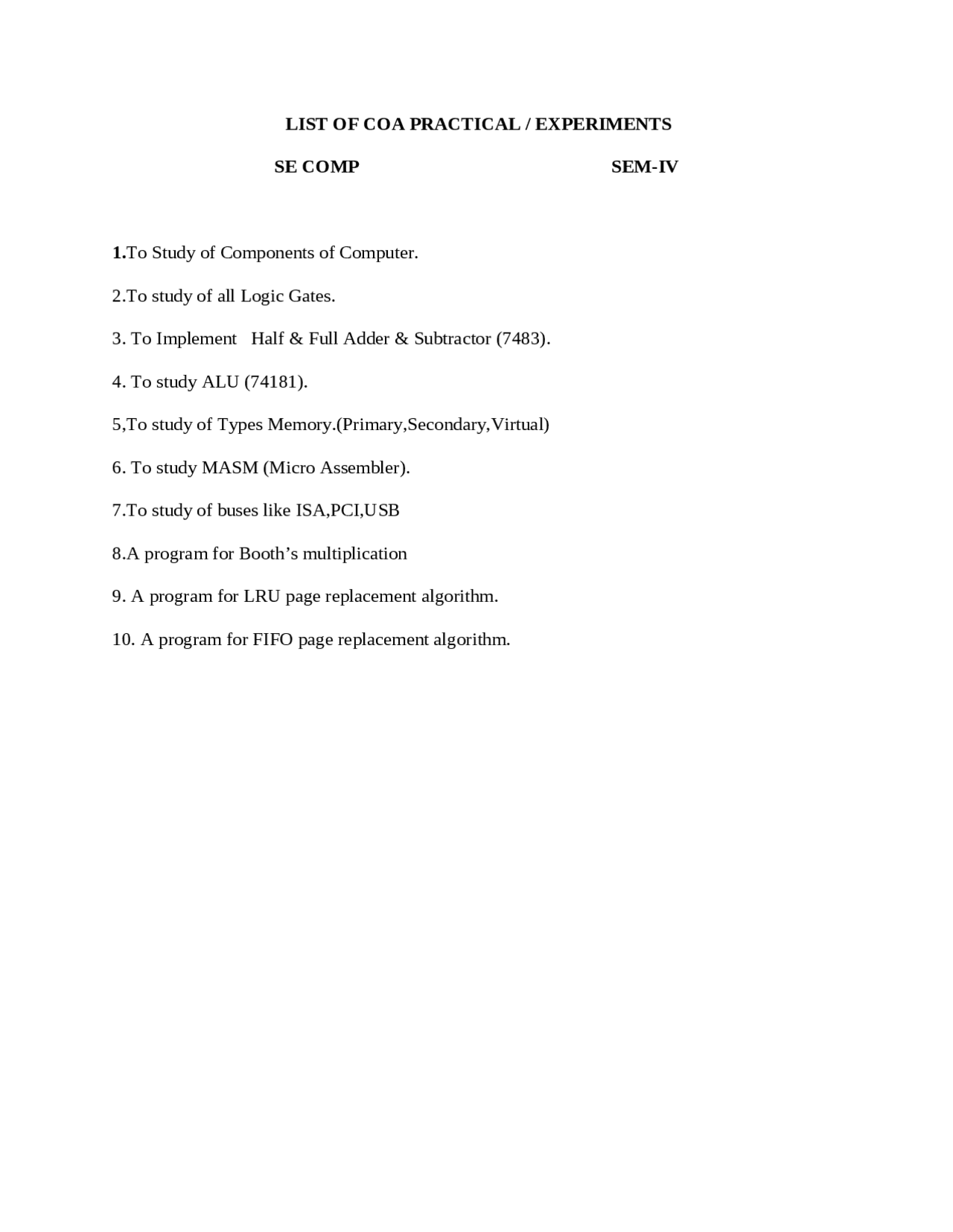 List Of Lab Manual Computer Architecture And Organization Docsity