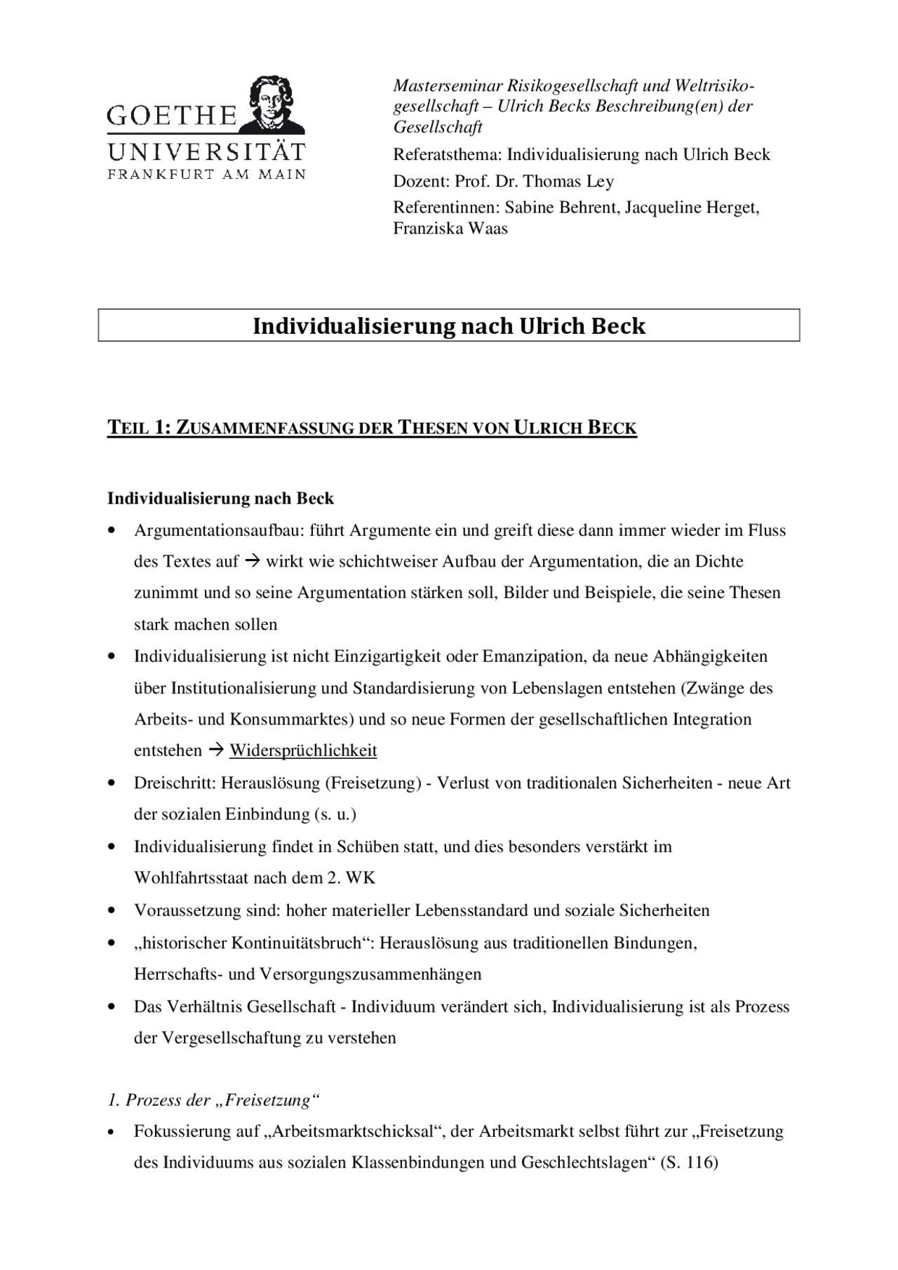 Individualisierung nach Ulrich Beck - Docsity