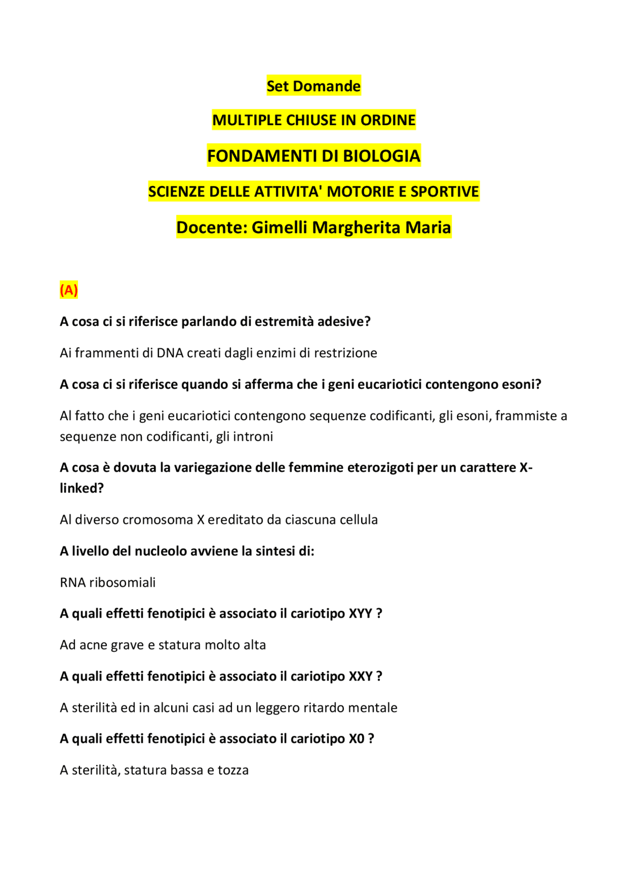 Fondamenti Di Biologia Domande Multiple Chiuse In Ordine Prof