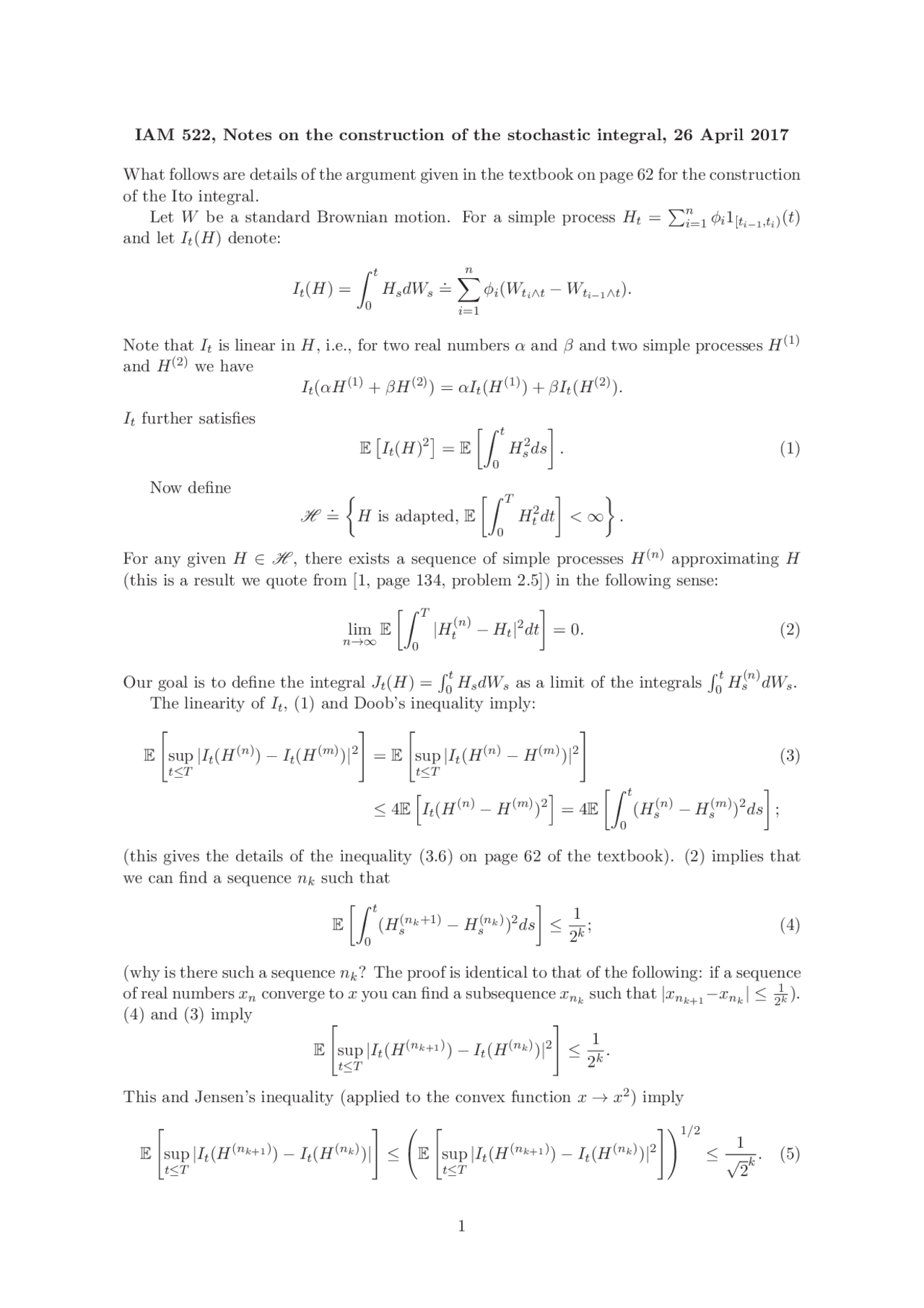 Construction Of The Stochastic Integral Definition Docsity
