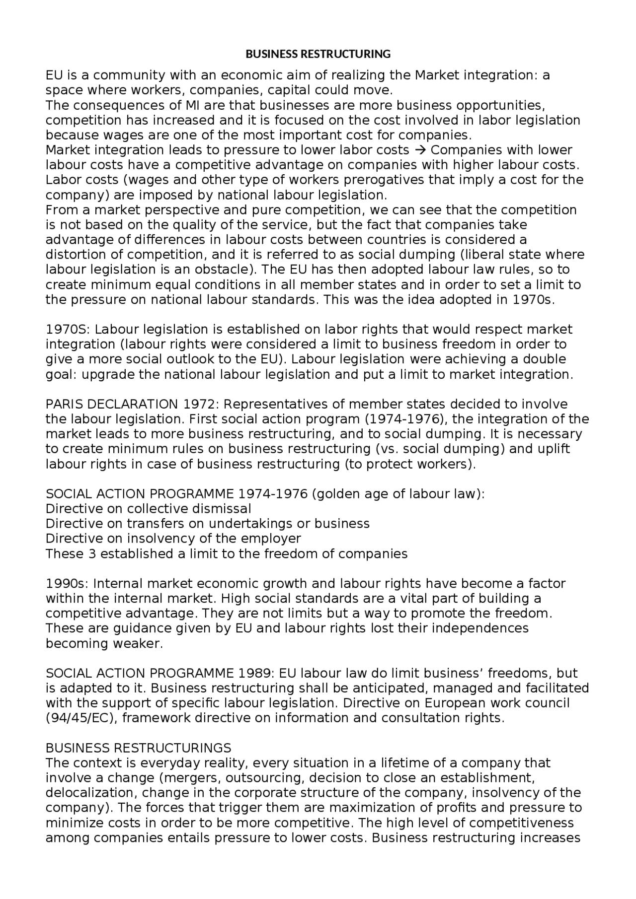 Business Restructuring Labour Law Docsity
