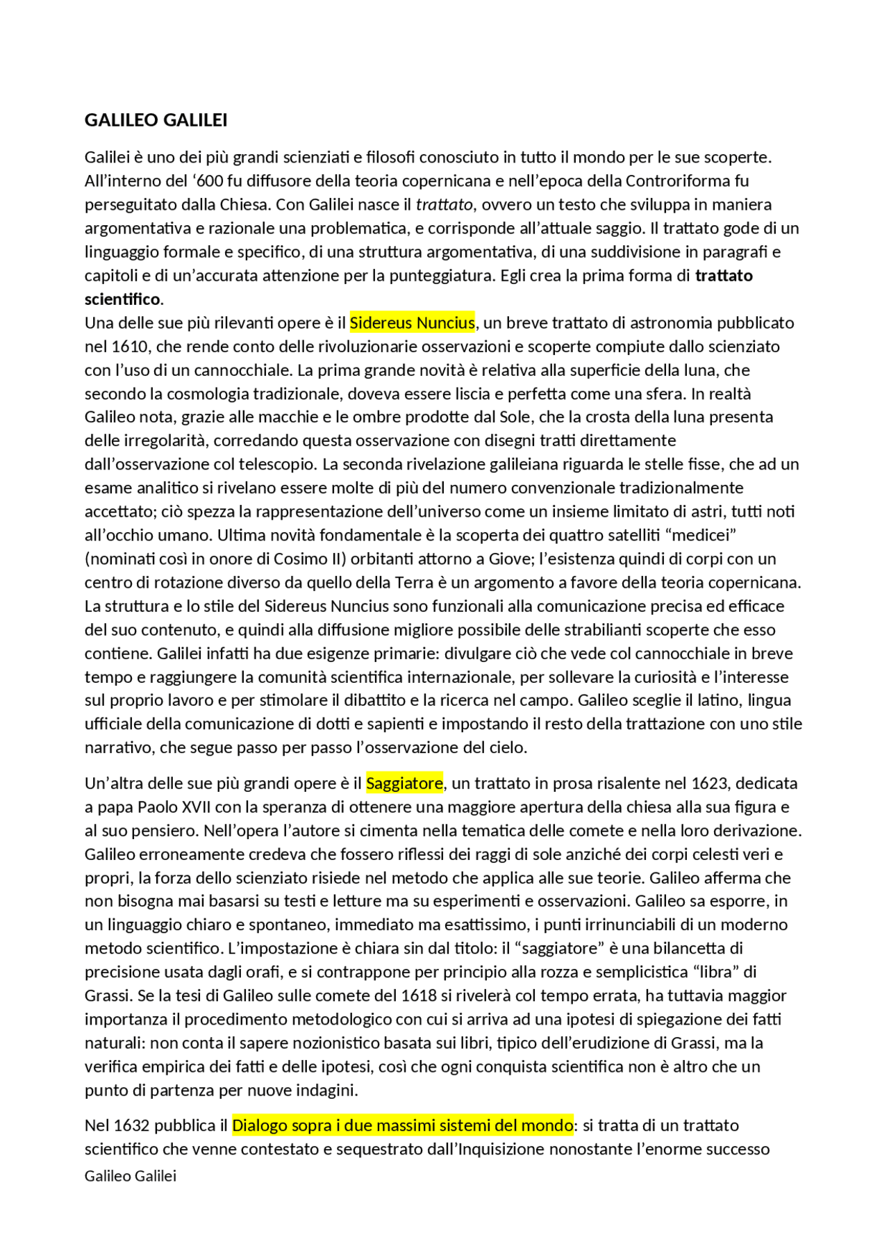 Vita E Opere Di Galilei Docsity