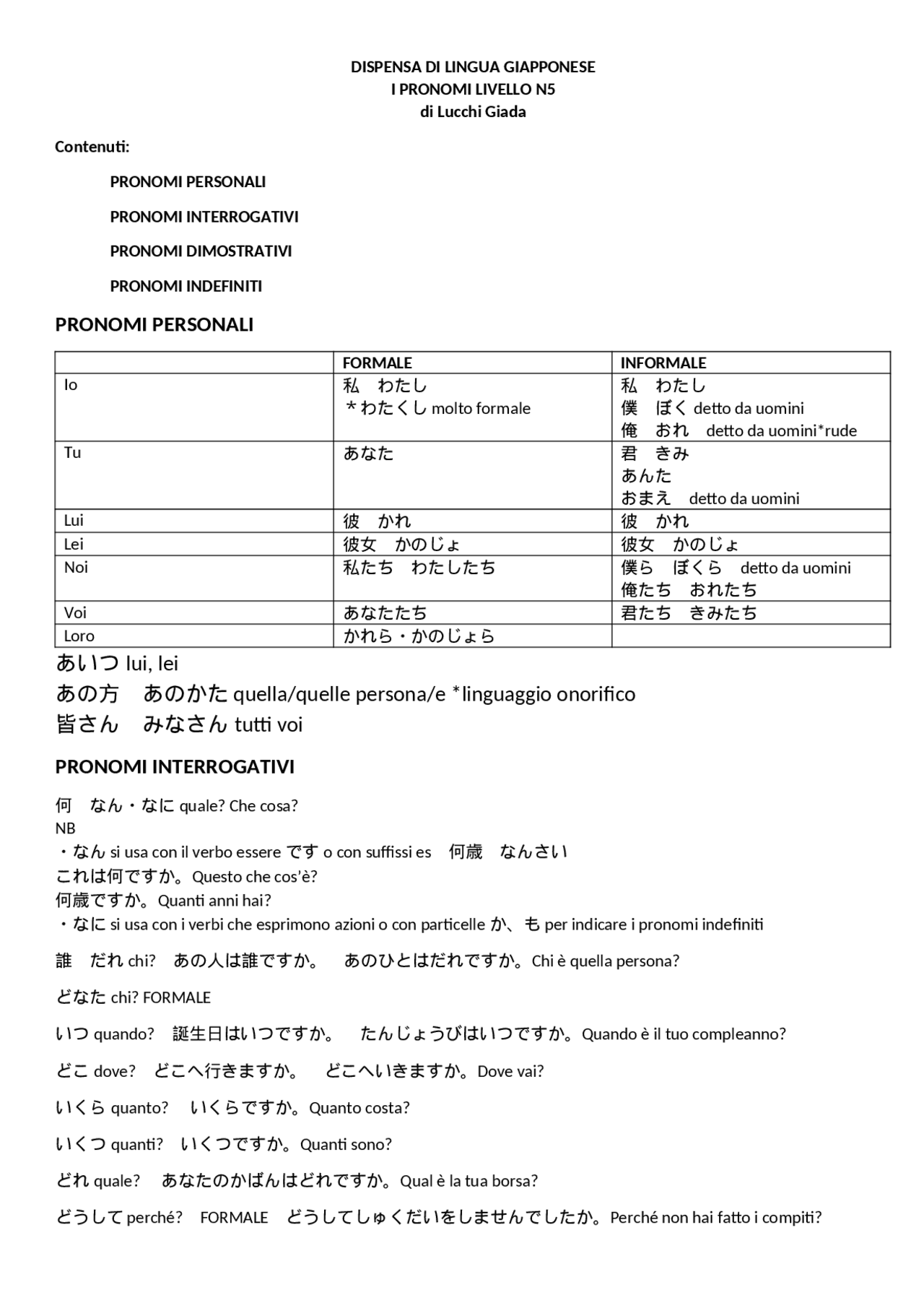 Dispensa Lingua Giapponese N5 I Pronomi Docsity
