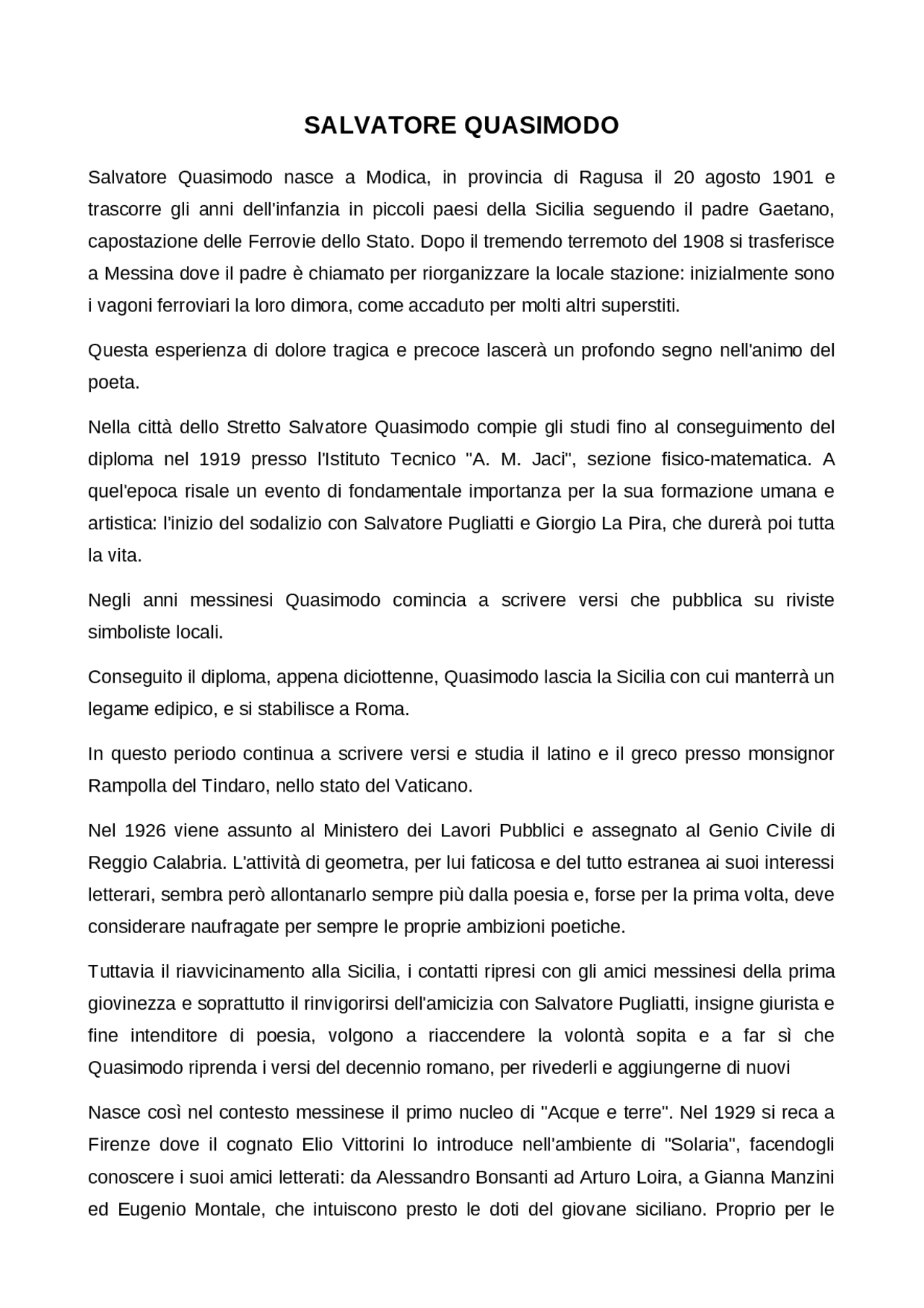 Biografia Salvatore Quasimodo Docsity