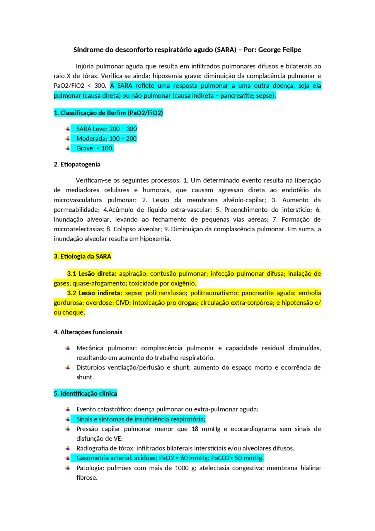 Síndrome do desconforto respiratório agudo - Docsity