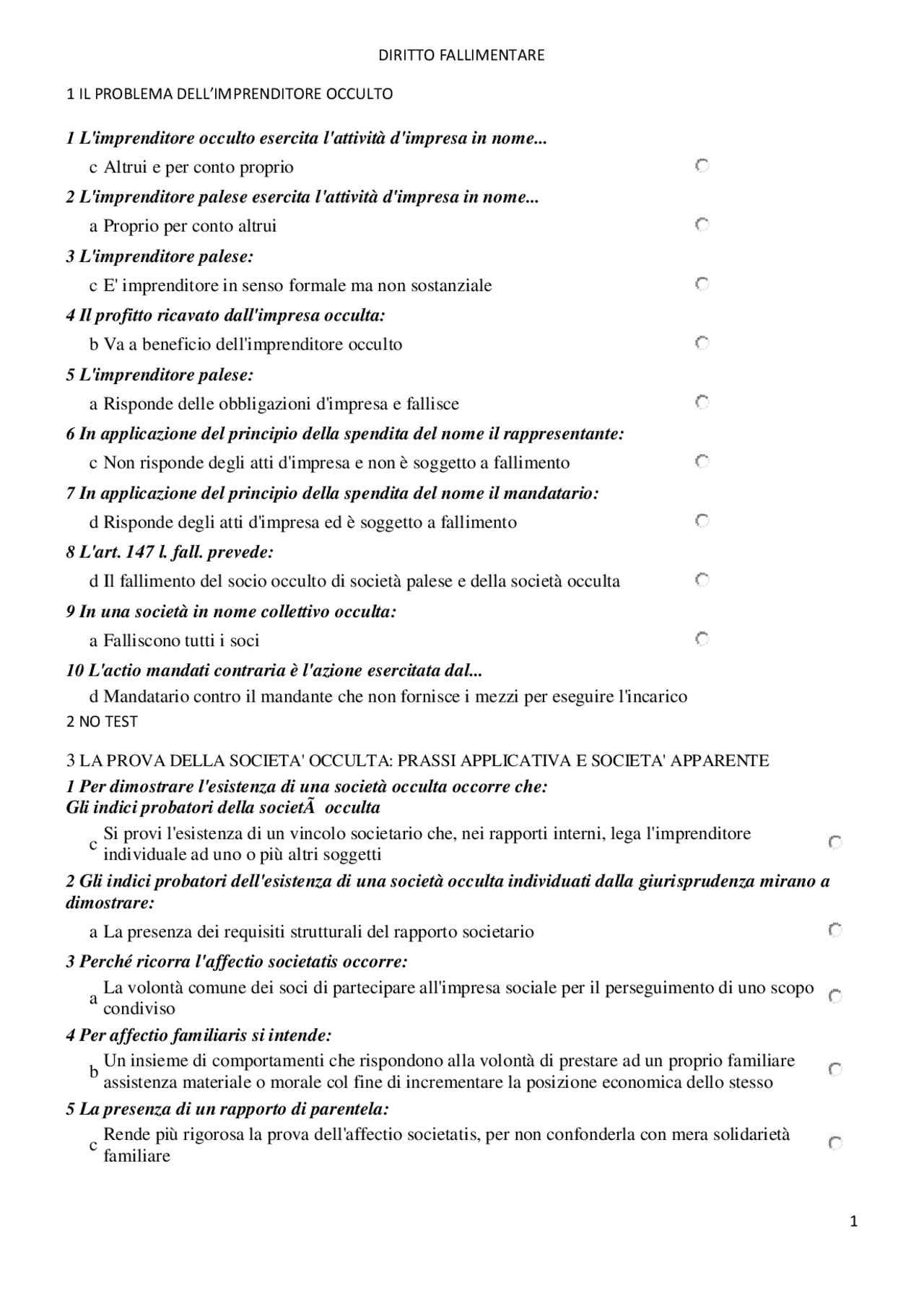 Diritto Fallimentare Test Di Autovalutazione Di Fine Cap Pegaso