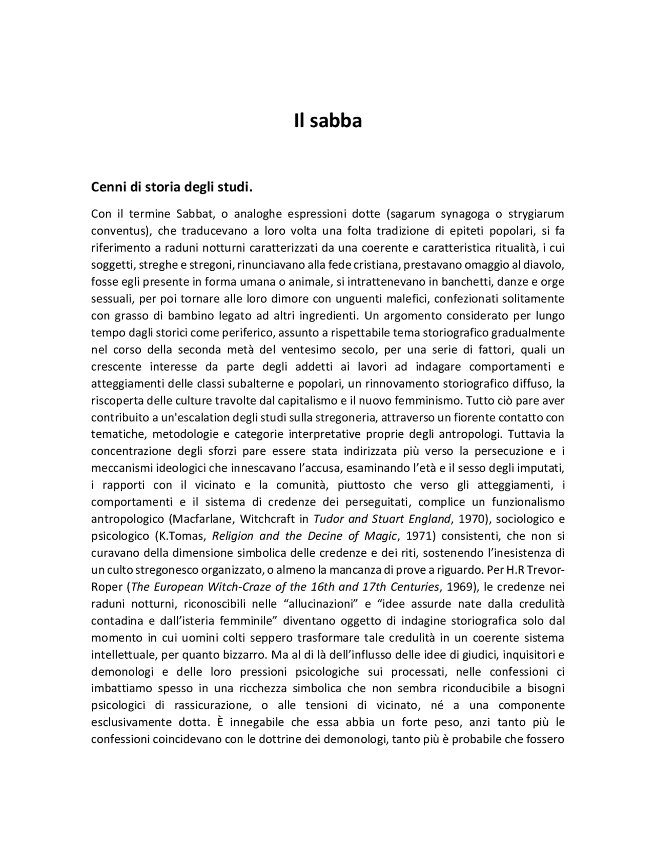 Il Sabba - tesina di Storia Culturale - Docsity