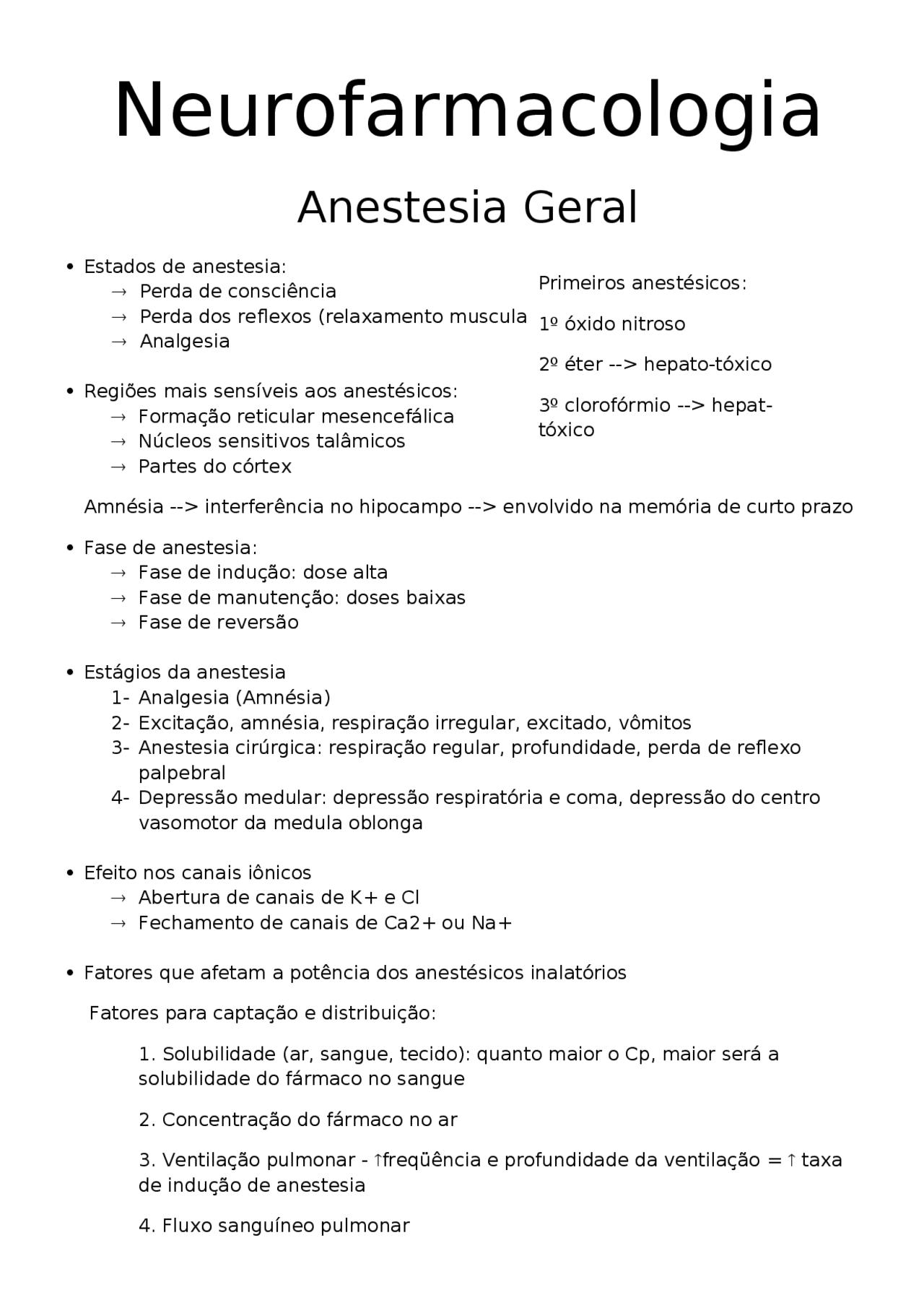 Farmacologia Anestesio Resumos Farmacologia Docsity