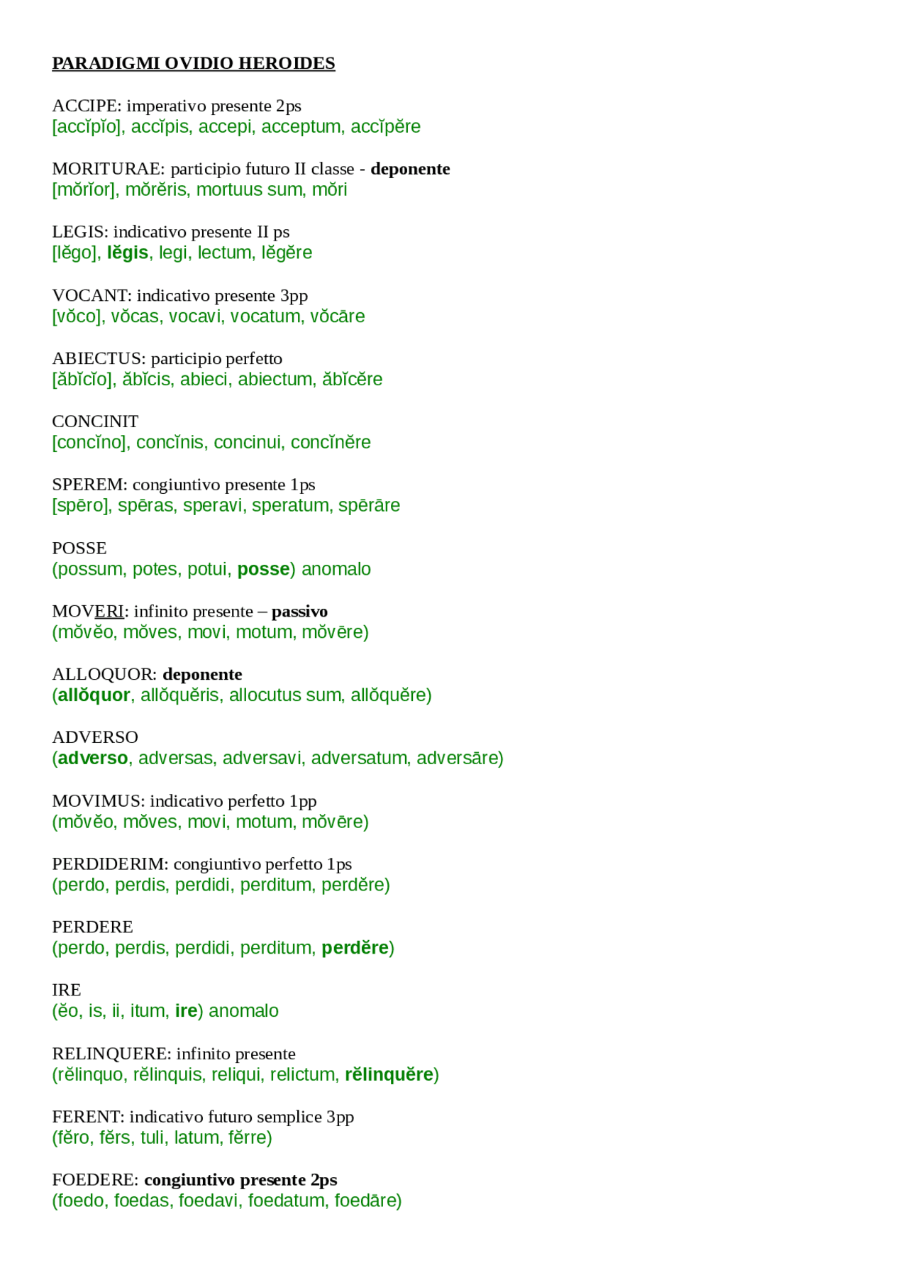 Paradigmi + analisi tempi verbali HEROIDES VII OVIDIO - Docsity
