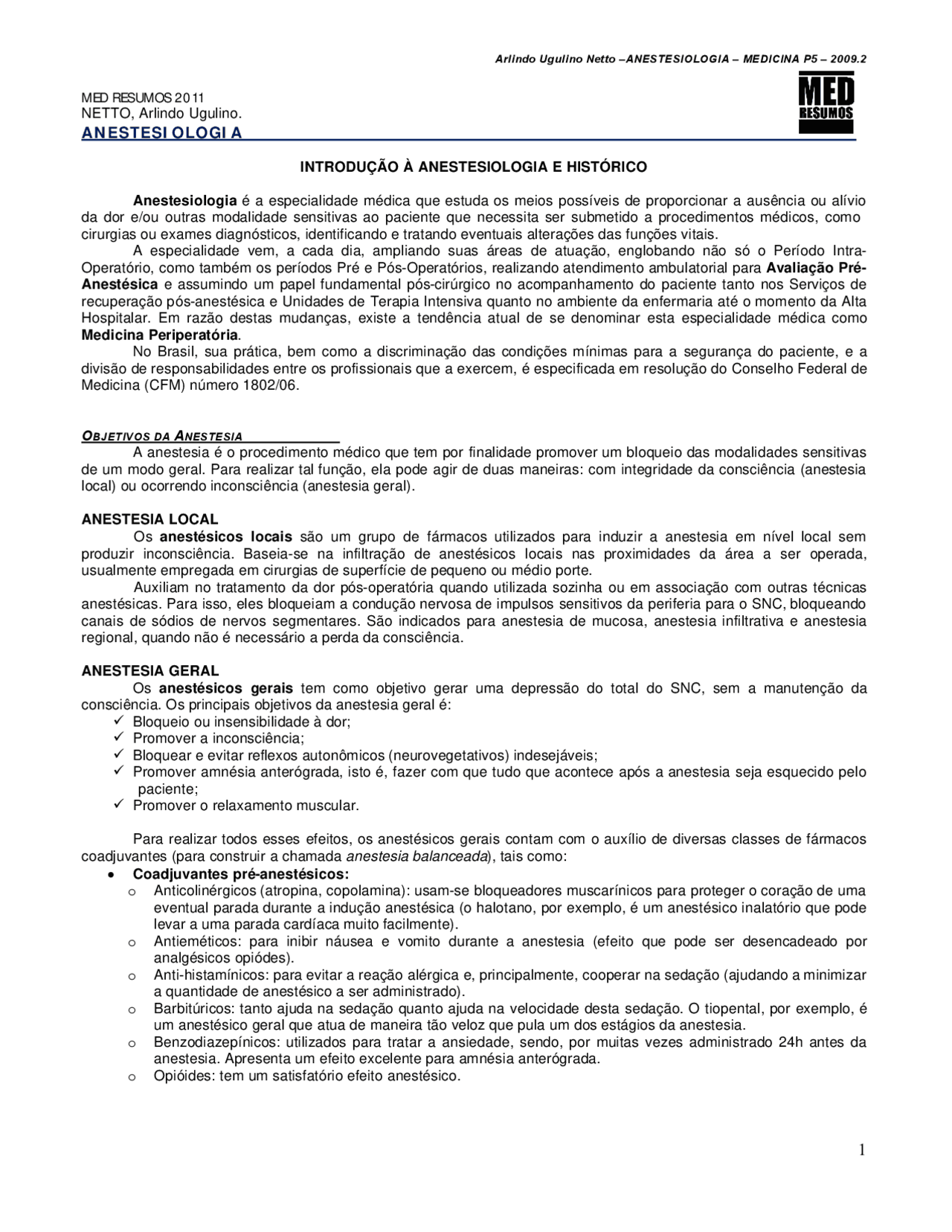 ResumÃo Anestesiologia Medicina Docsity