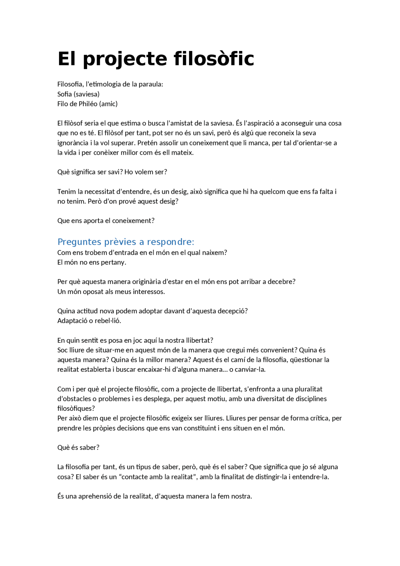El projecte filosófic | Apuntes de Filosofía - Docsity
