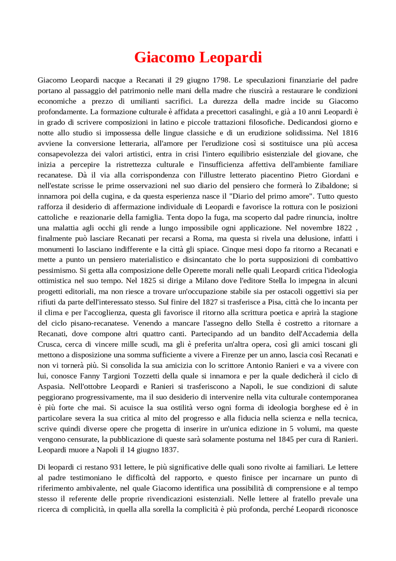 Riassunto Su Giacomo Leopardi Docsity