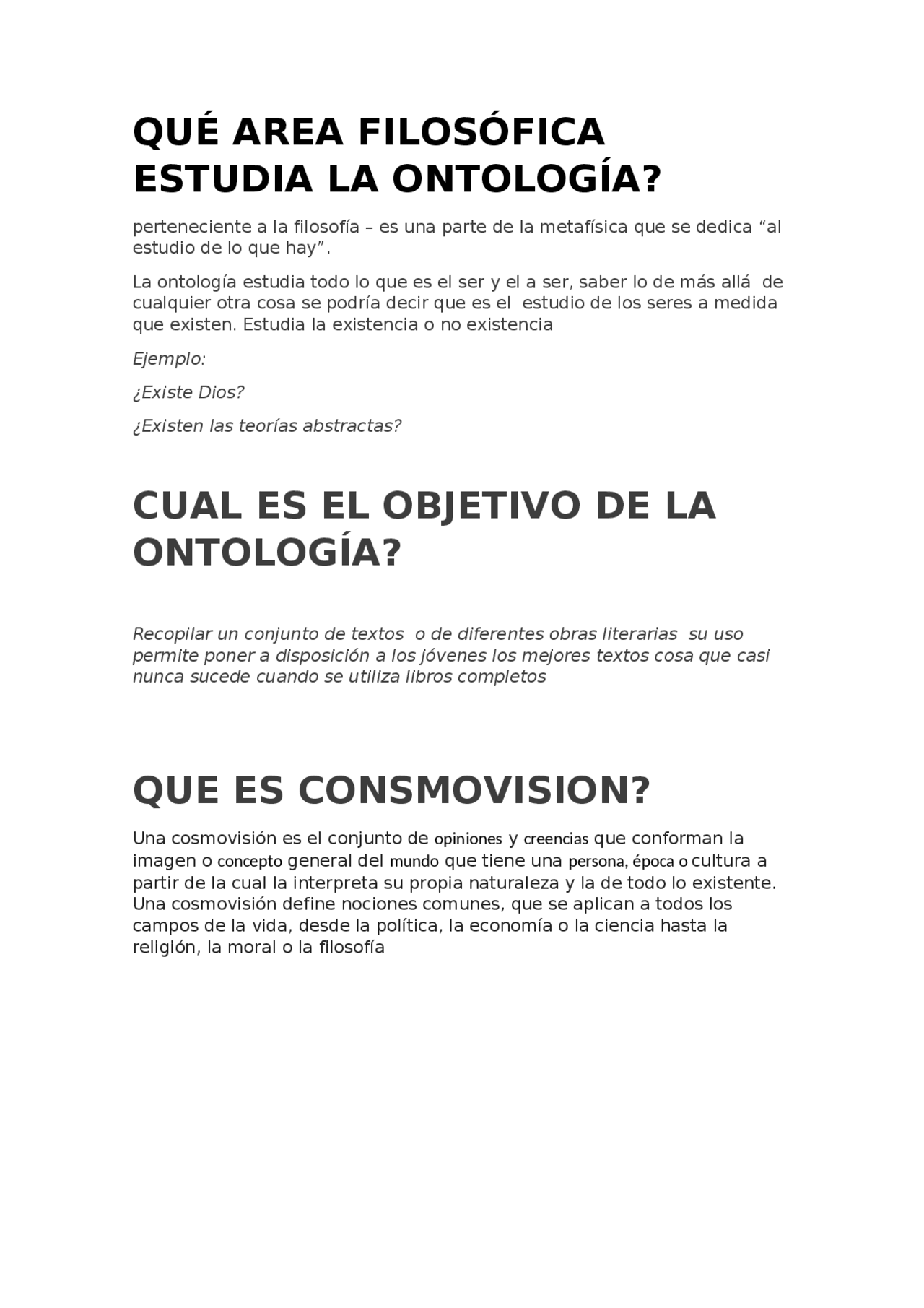 Definiciones de ontologia y cosmovisión | Transcripciones de Filosofía ...