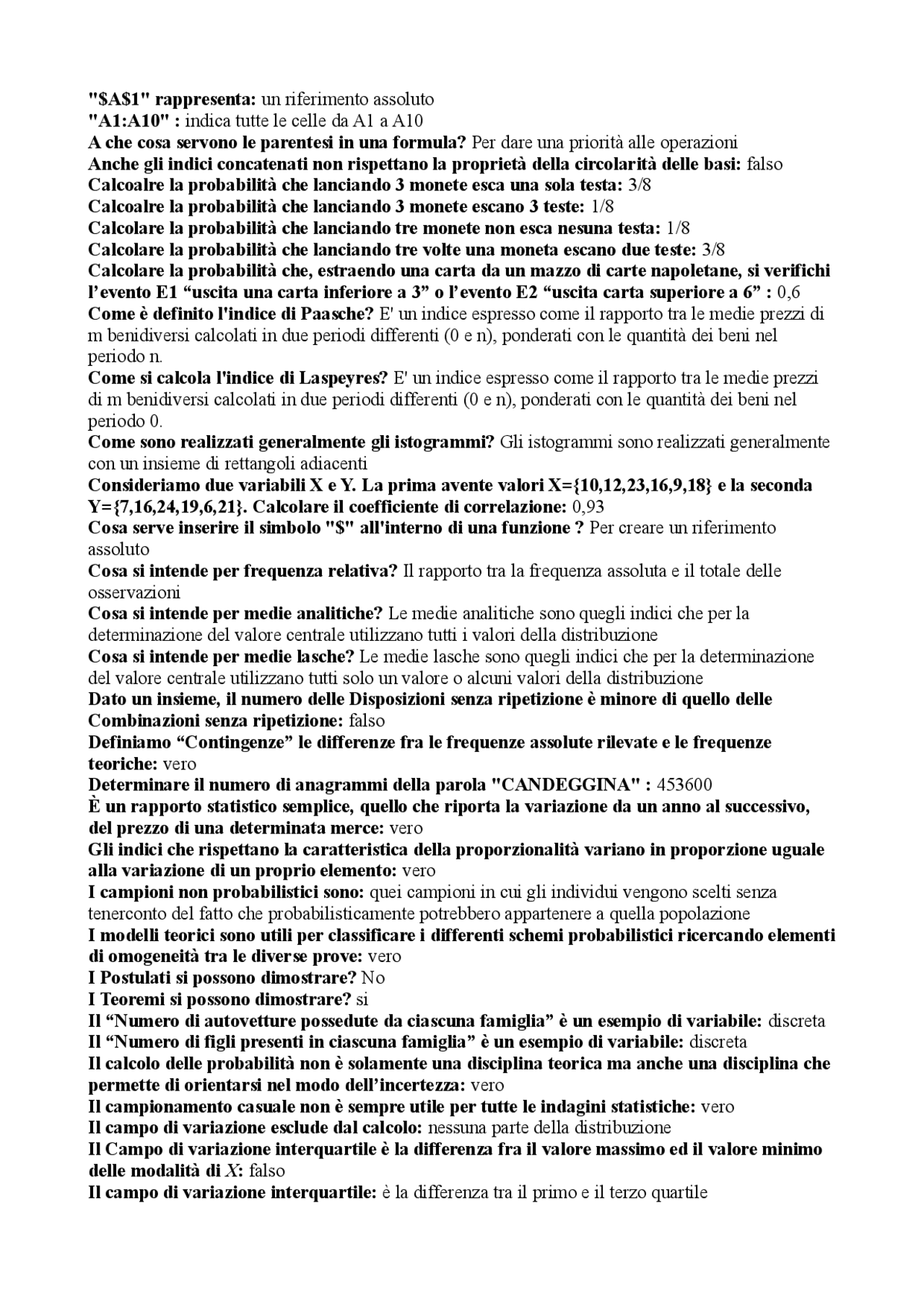 Test Domande Multiple Statistica Esercizi Di Statistica Docsity