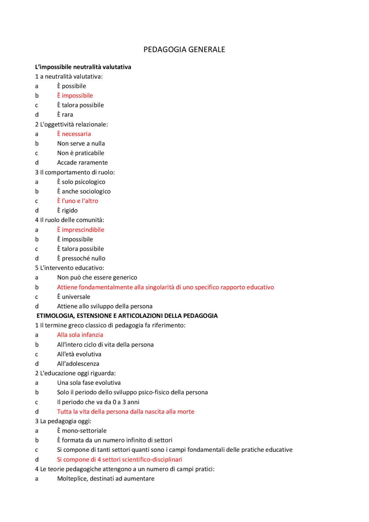 Pedagogia Generale Domande E Risposte Test Docsity